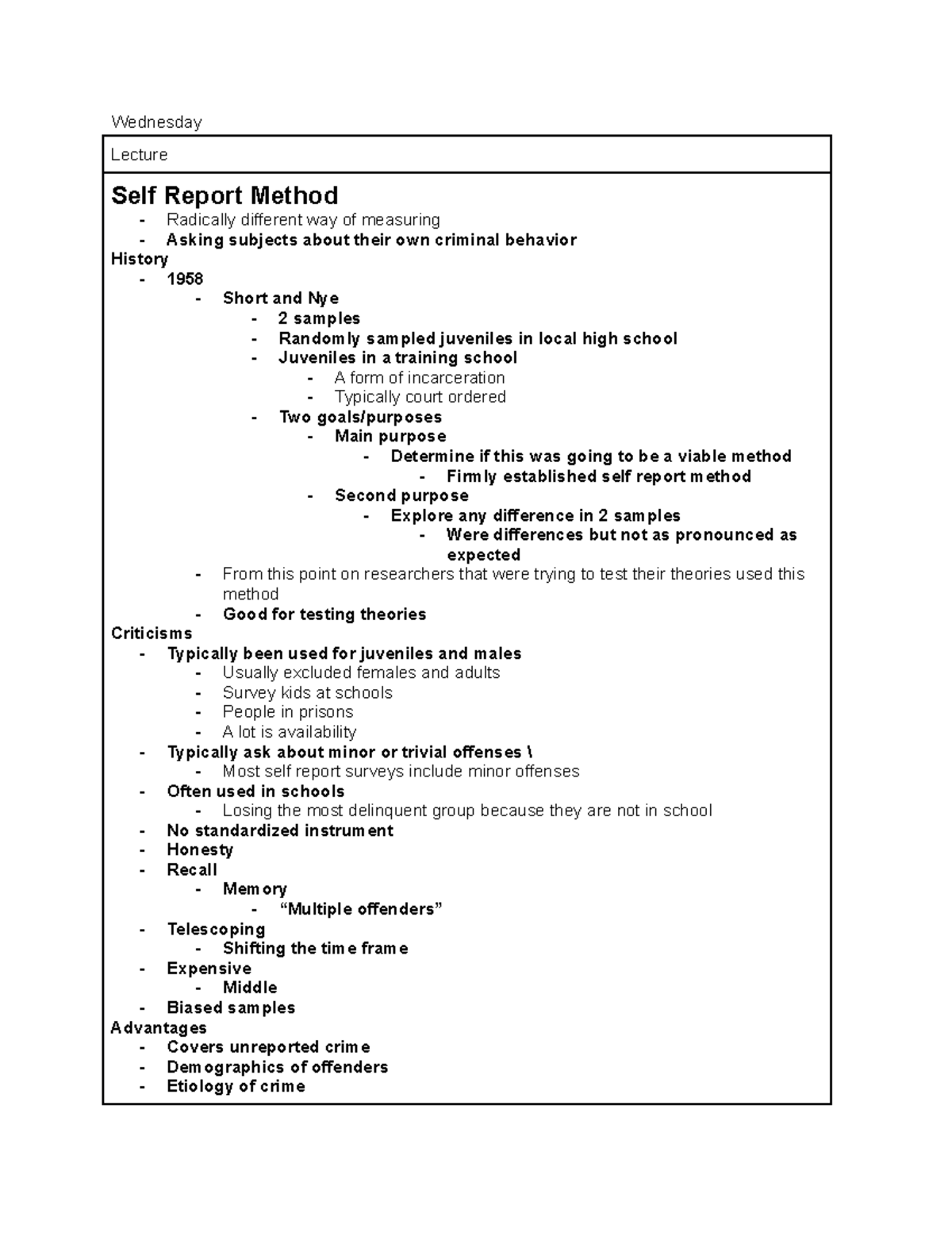 Final Notes CCJS300 - Wednesday Lecture Self Report Method Radically ...