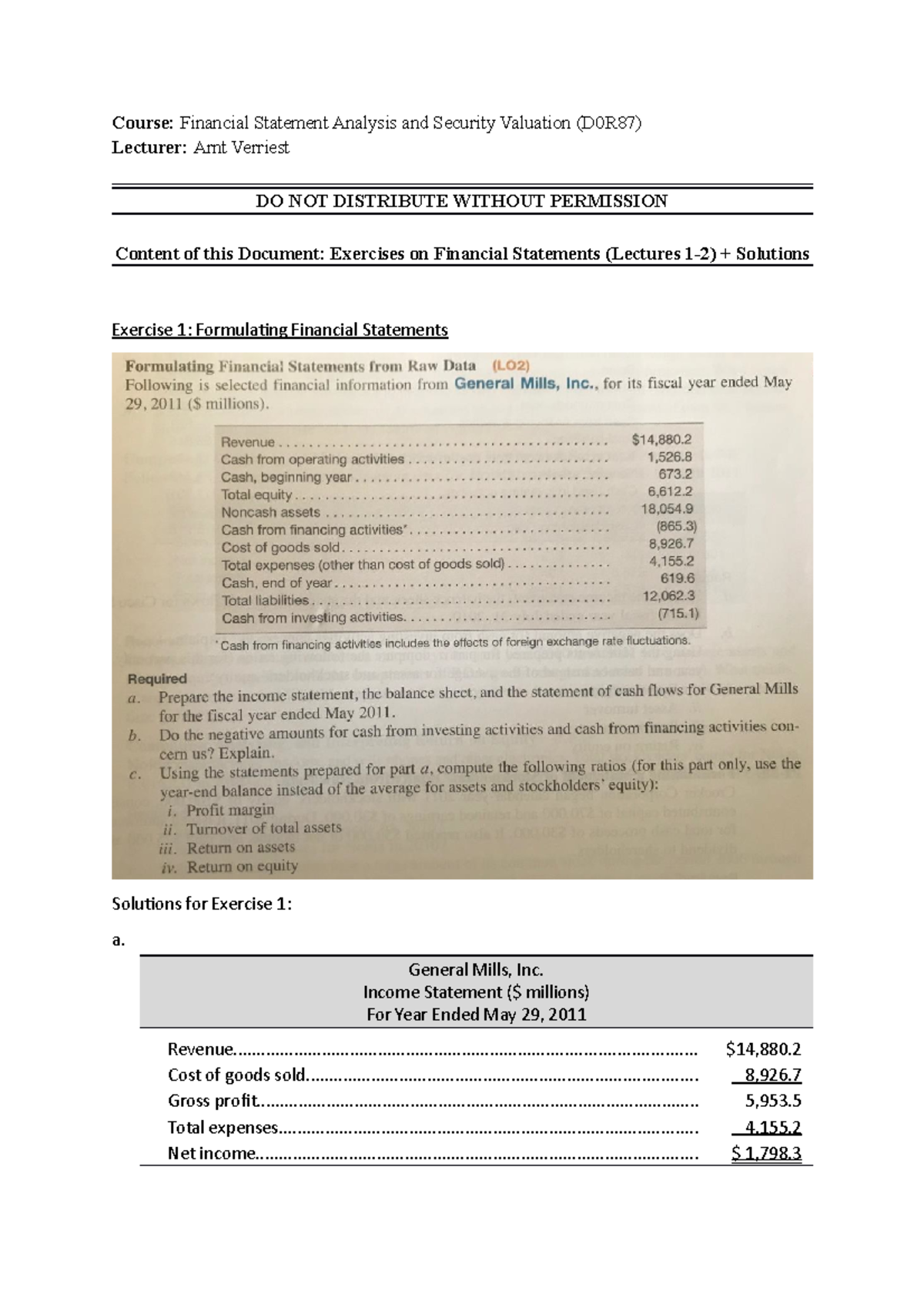 Exercises Lectures 1-2 - Financial Statements - Course: Financial ...