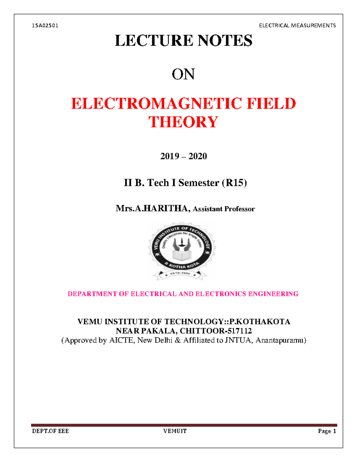 EMF-Notes-PDF - zaae - LECTURE NOTES ON ELECTROMAGNETIC FIELD THEORY ...