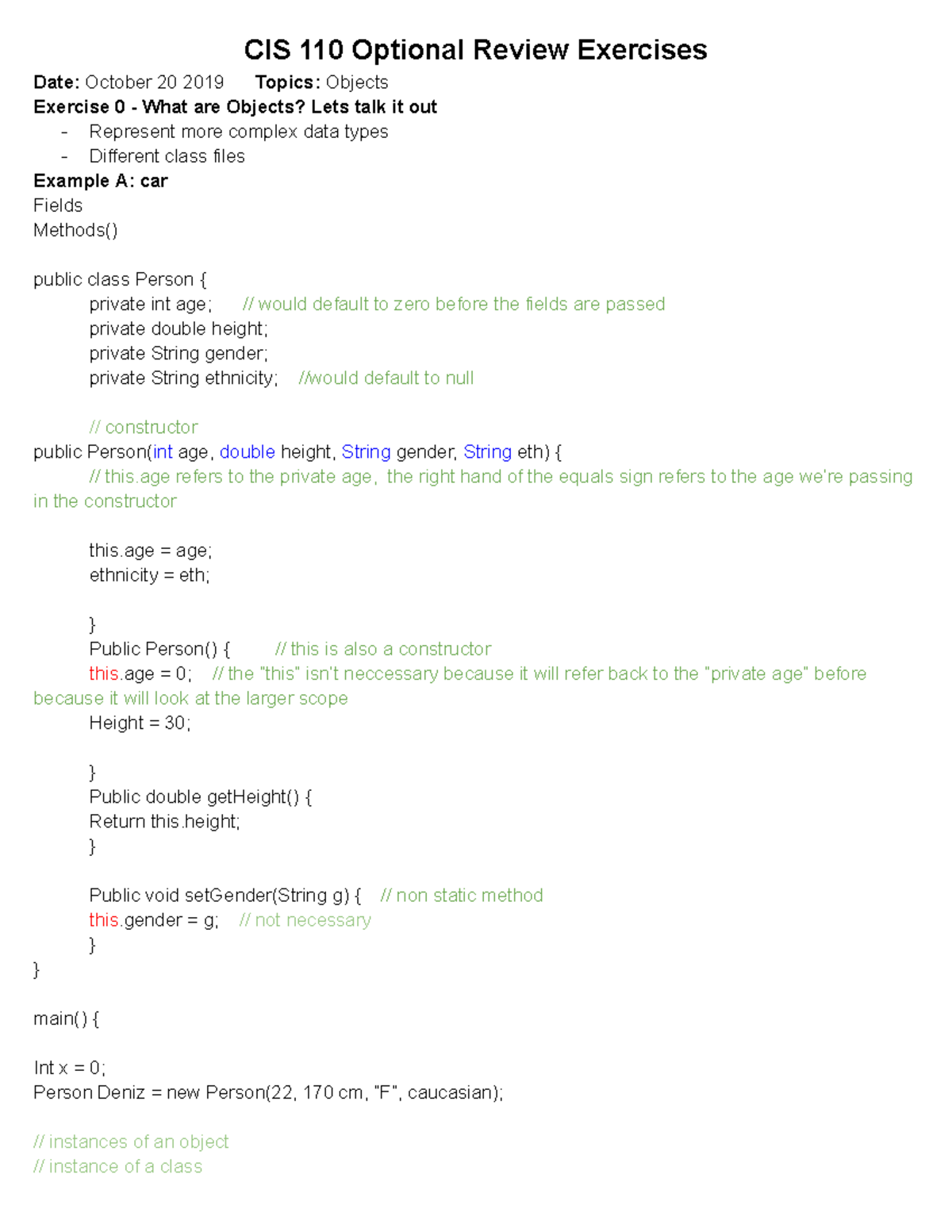 Objects Worksheet - CIS 110 Optional Review Exercises Date: October 20 ...