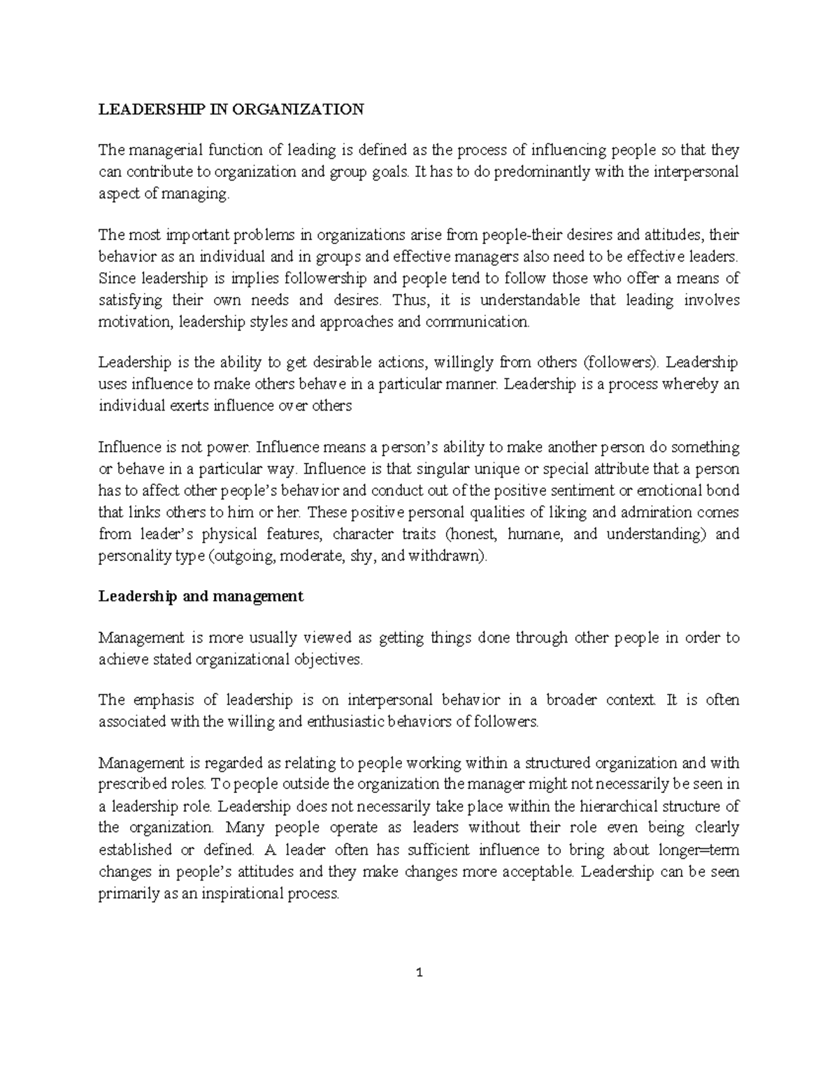 Leadership In Organization - LEADERSHIP IN ORGANIZATION The managerial ...