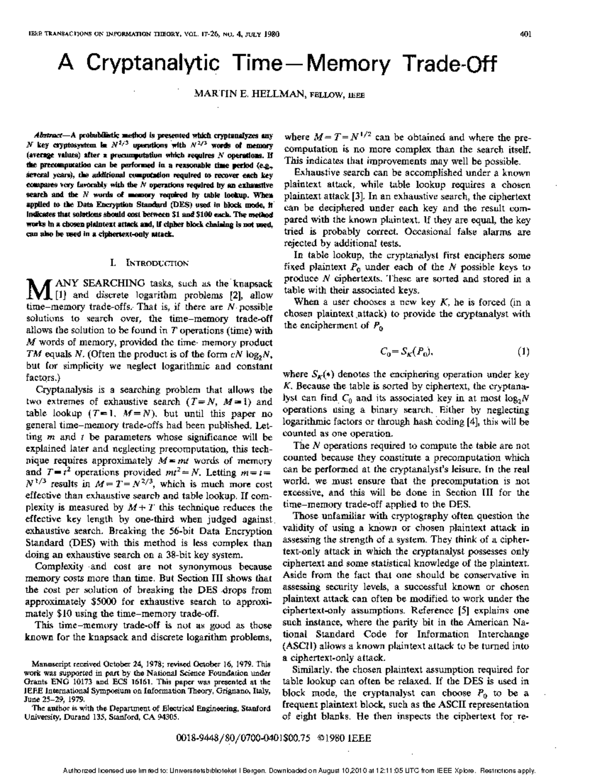 Hellman ACryptanalytic Time-Memory Tradeoff 1980 - A Cryptanalytic Time - Memory Trade-Off ...