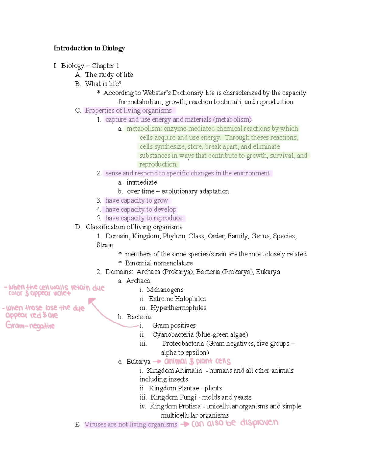 1 Intro to Bio - Notes - Introduction to Biology I. Biology – Chapter 1 ...