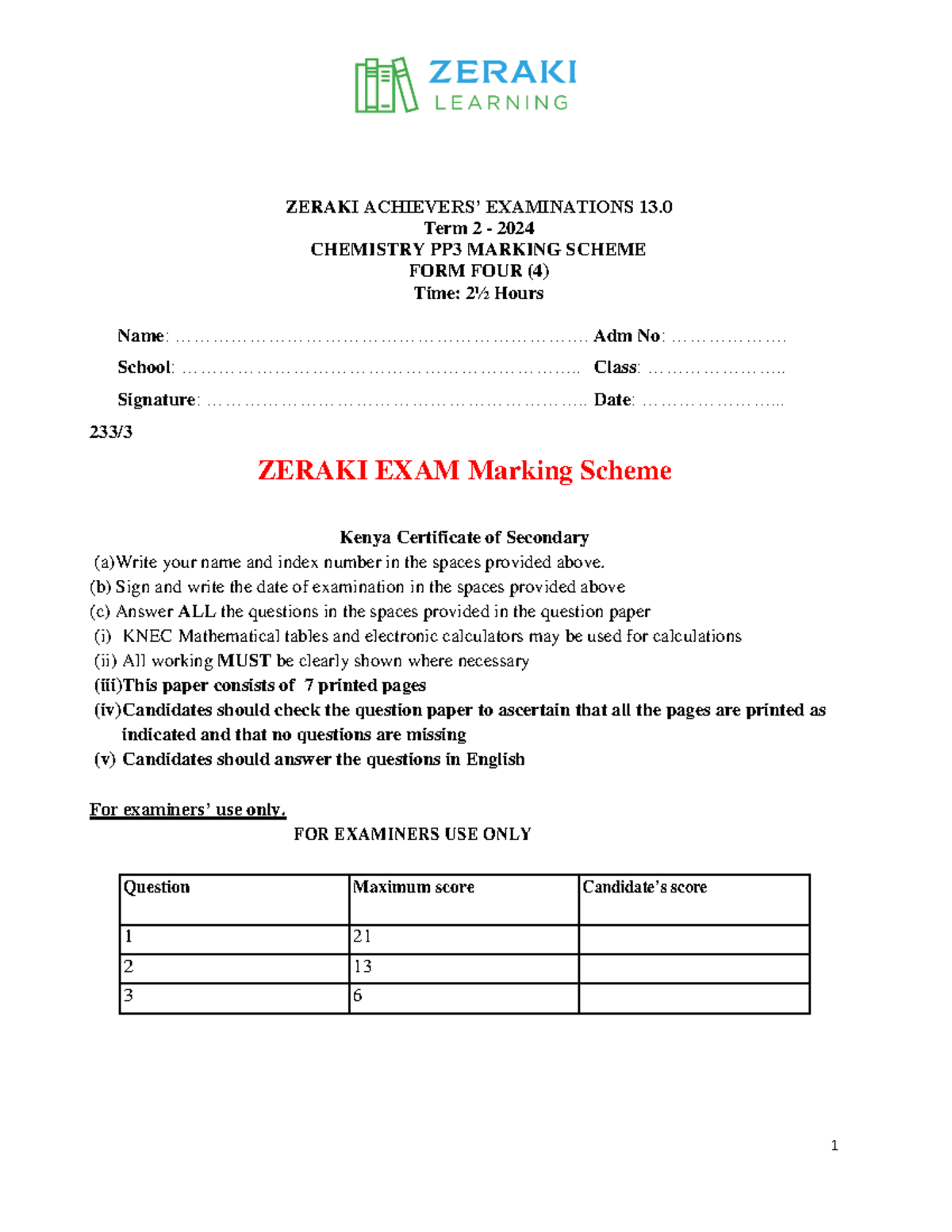 Paper 3 Marking Scheme Zeraki Achievers 13.0 - July 2024 - ZERAKI ...