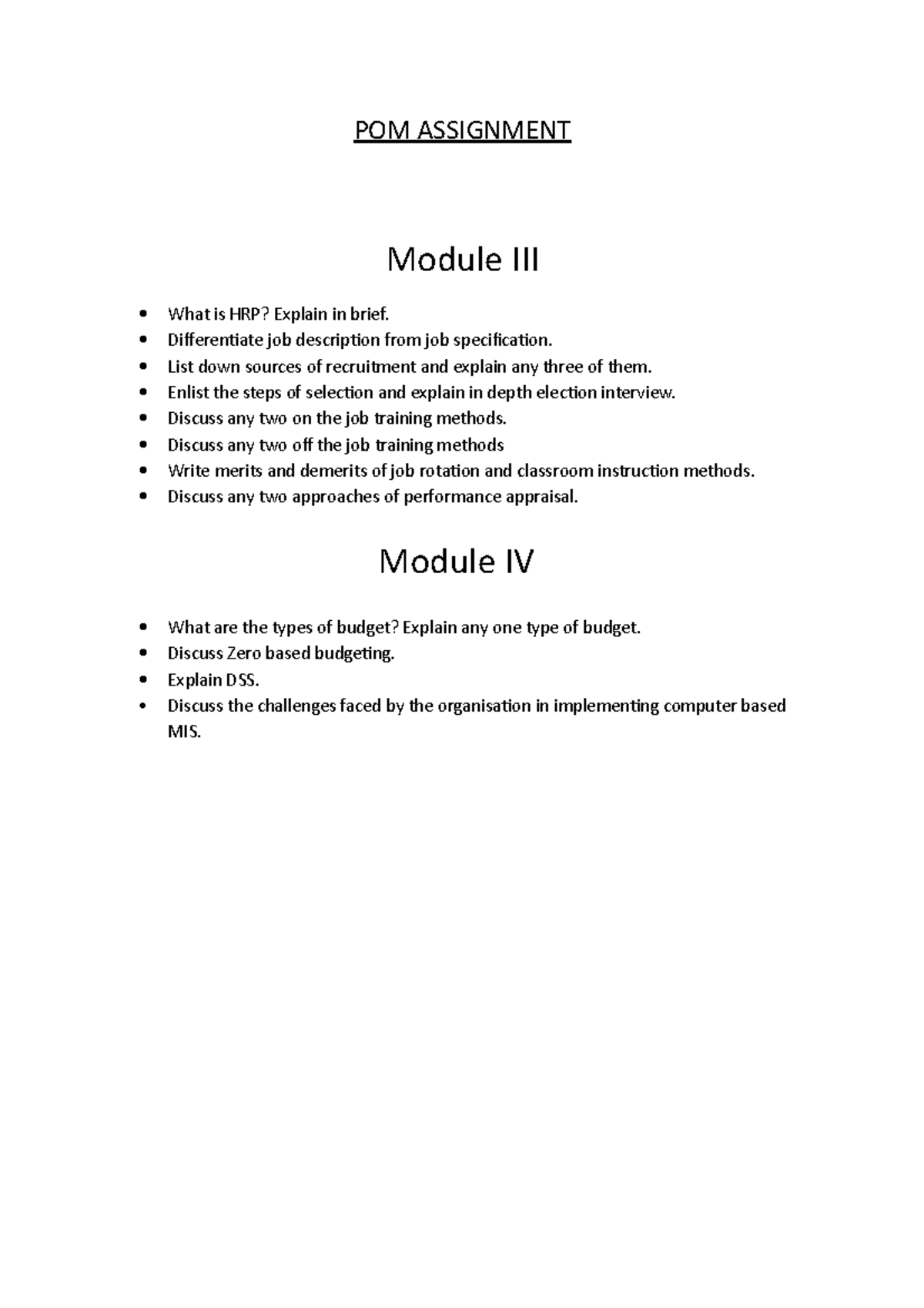 POM Assignment 1st yr - POM ASSIGNMENT Module III What is HRP? Explain ...