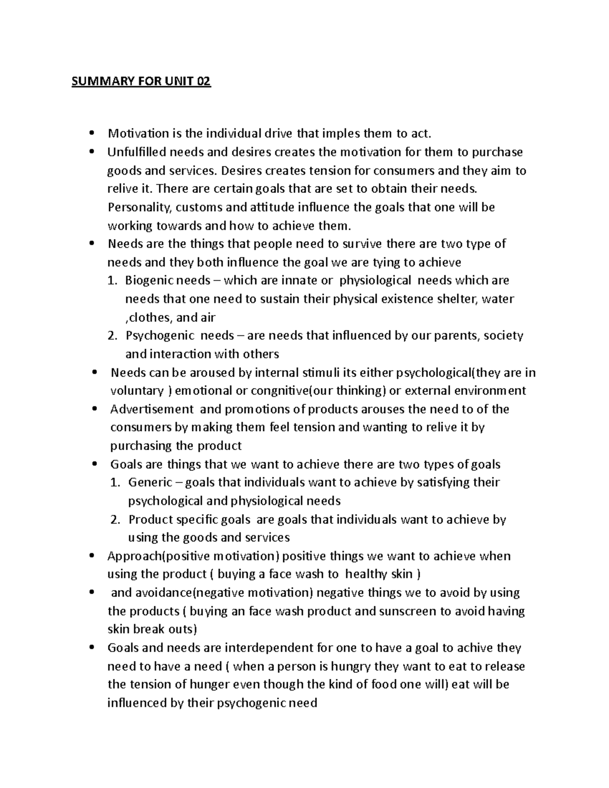 Summary FOR UNIT 02 - SUMMARY FOR UNIT 02 Motivation is the individual ...