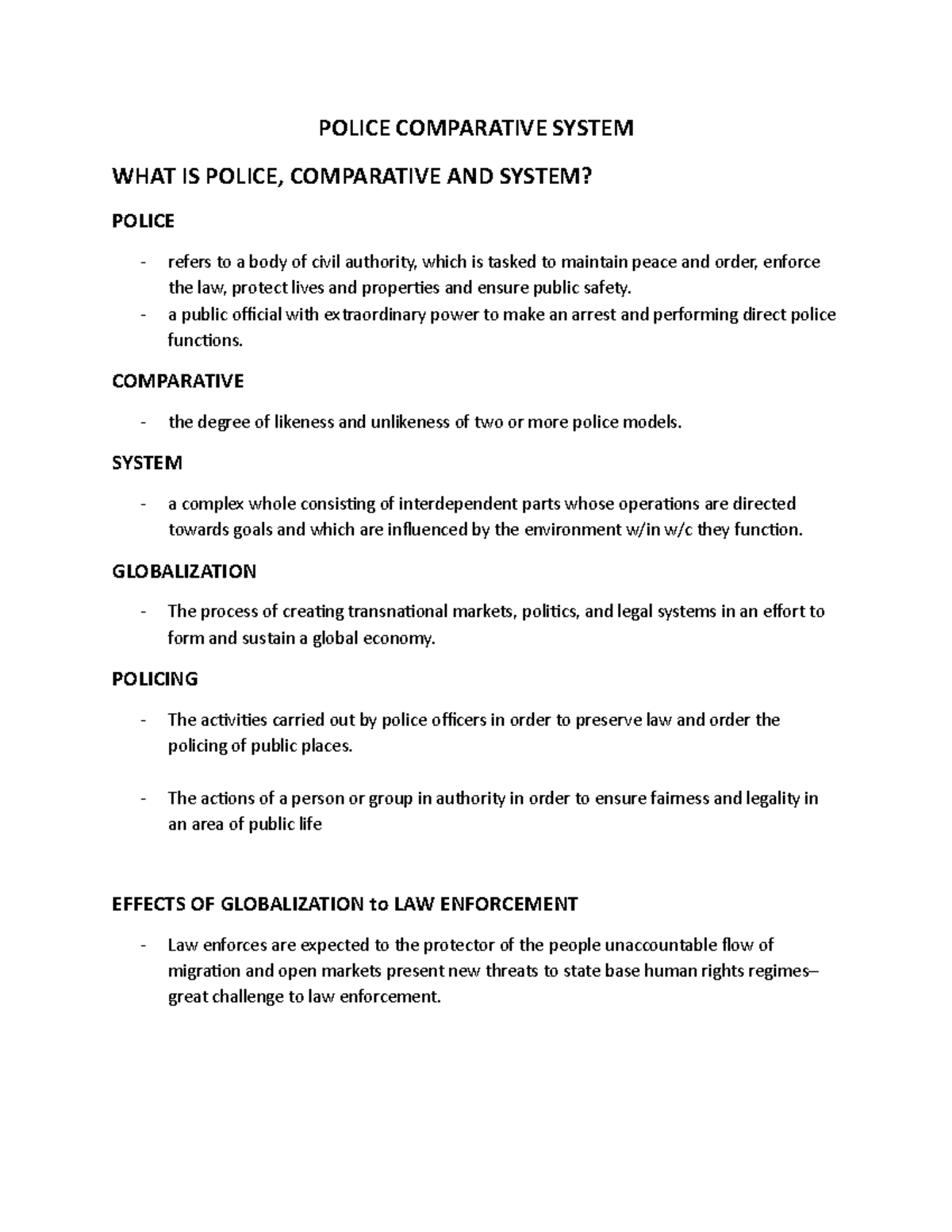 LEA 2 - Lecture - POLICE COMPARATIVE SYSTEM WHAT IS POLICE, COMPARATIVE ...