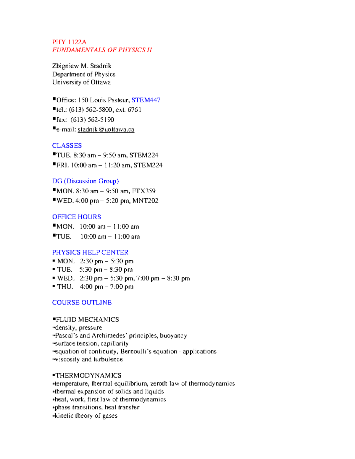PHY 1122 Syllabus - PHY 1122A FUNDAMENTALS OF PHYSICS II Zbigniew M ...