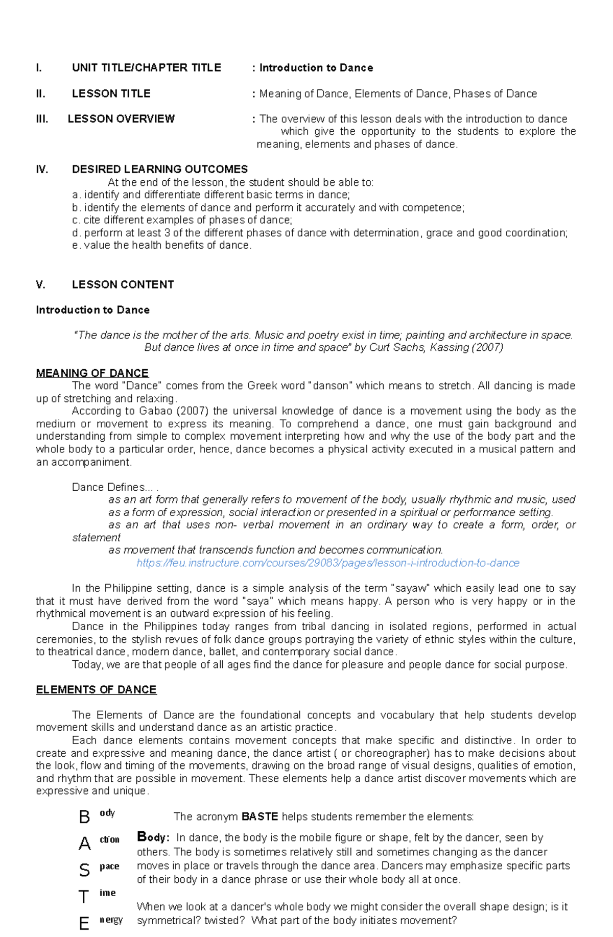 Meaning of Dance, Elements of Dance, Phases of Dance - I. UNIT TITLE ...