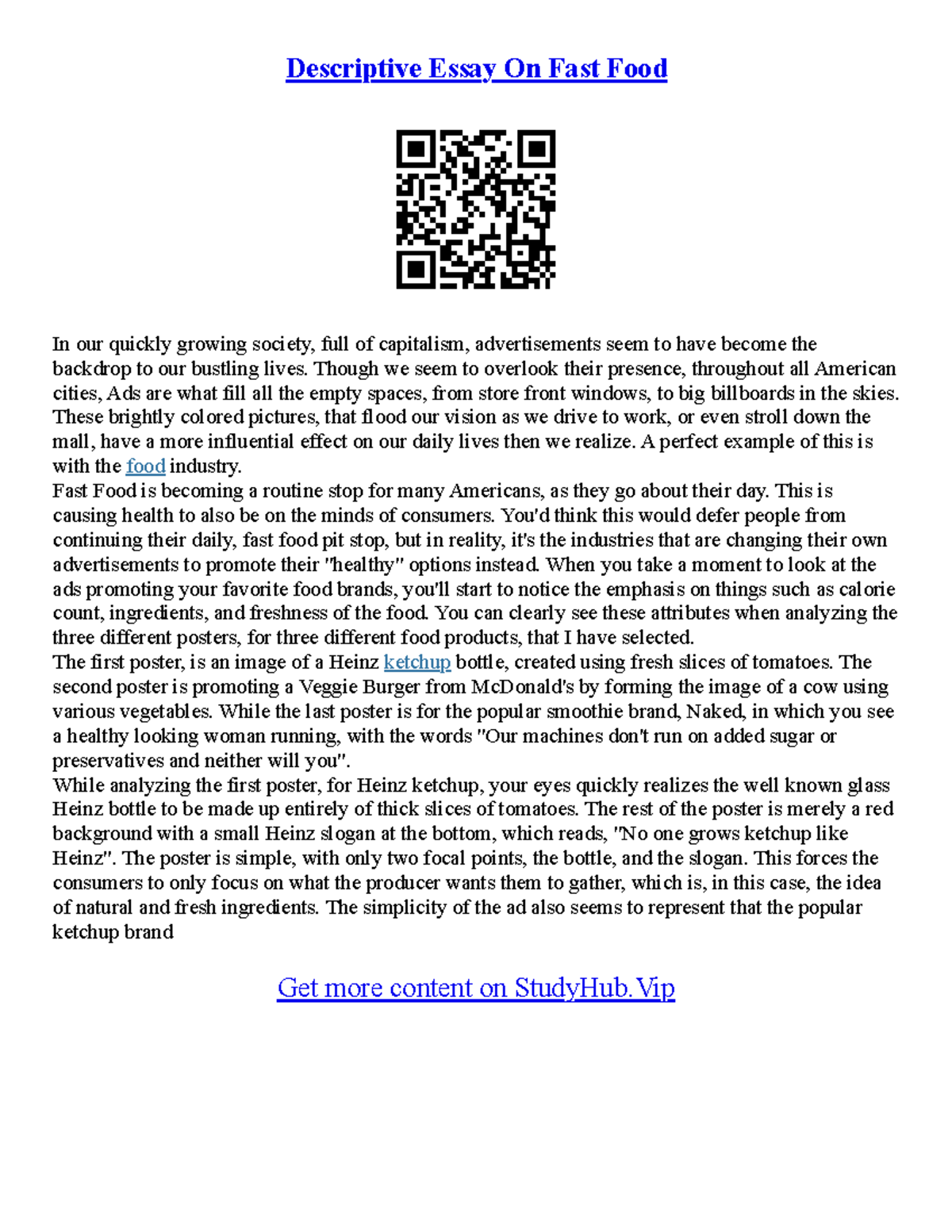 Descriptive Food Essay - Descriptive Essay On Fast Food In our quickly ...