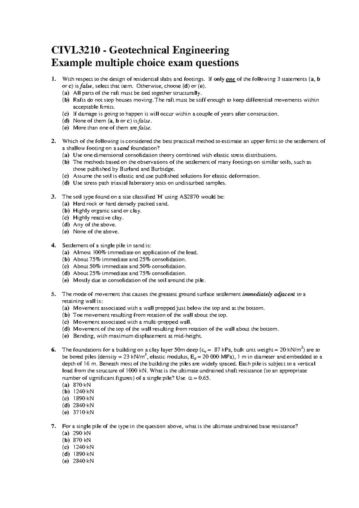 Exam 2014, Questions and answers rn - CIVL3210 - Geotechnical Engineering Example multiple ...