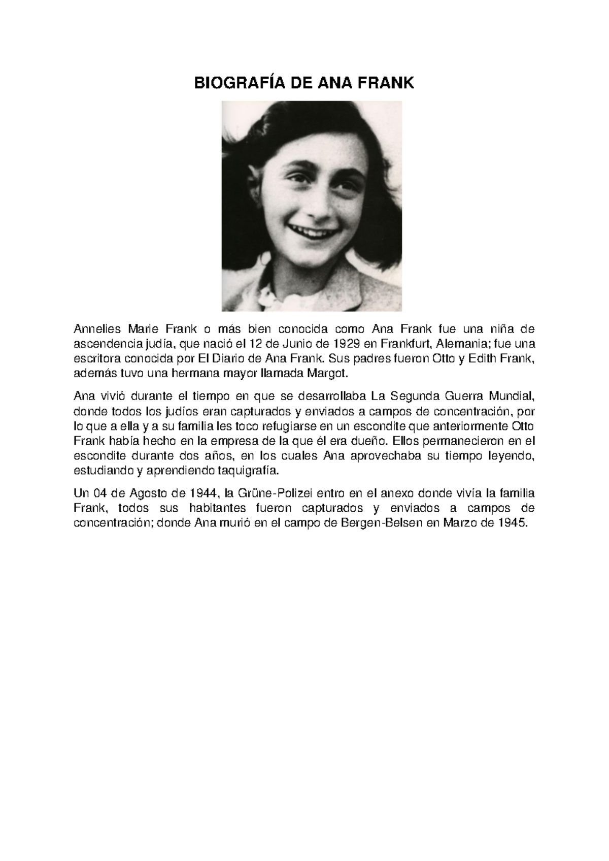 Biografia DE ANA Frank - Resumen Lenguaje y literatura - BIOGRAFÍA DE ANA FRANK Annelies Marie ...