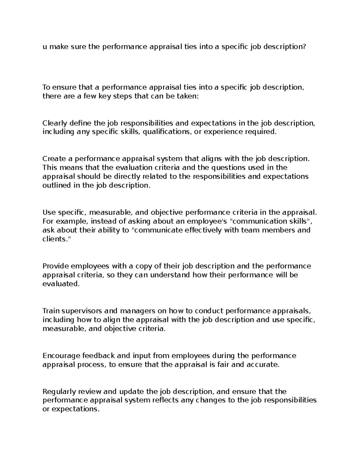 Performance appraisal ties into a specific job description - Create a ...