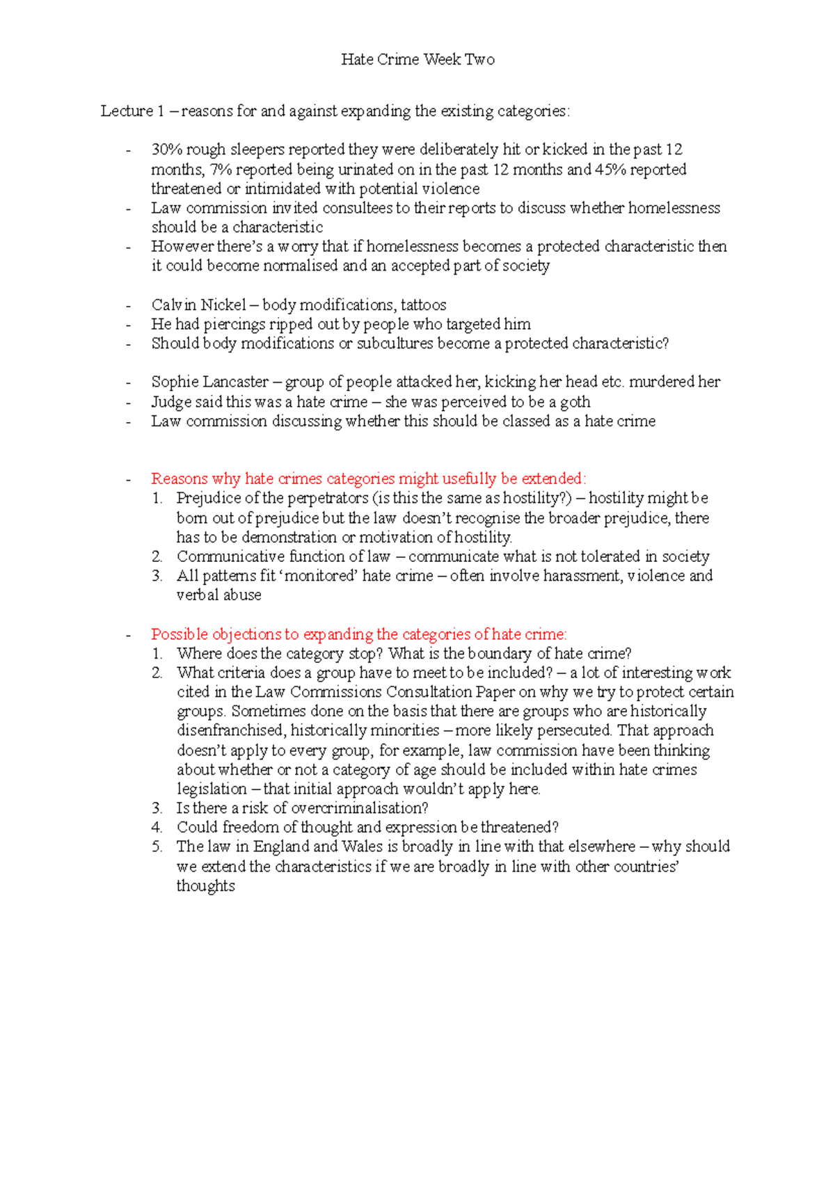 Hate Crimes Lecture Notes - Lecture 1 – reasons for and against ...