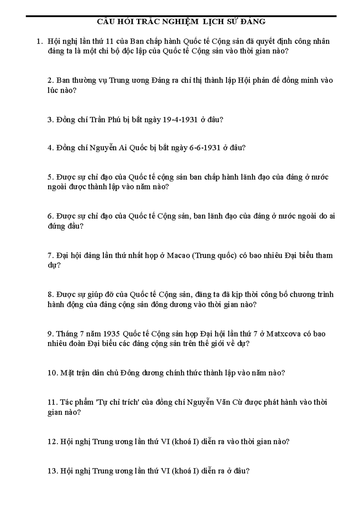 Cau hoi trac nghiem lich su dang - CÂU HỎI TRẮC NGHIỆM LỊCH SỬ ĐẢNG Hội nghị lần thứ 11 của Ban ...