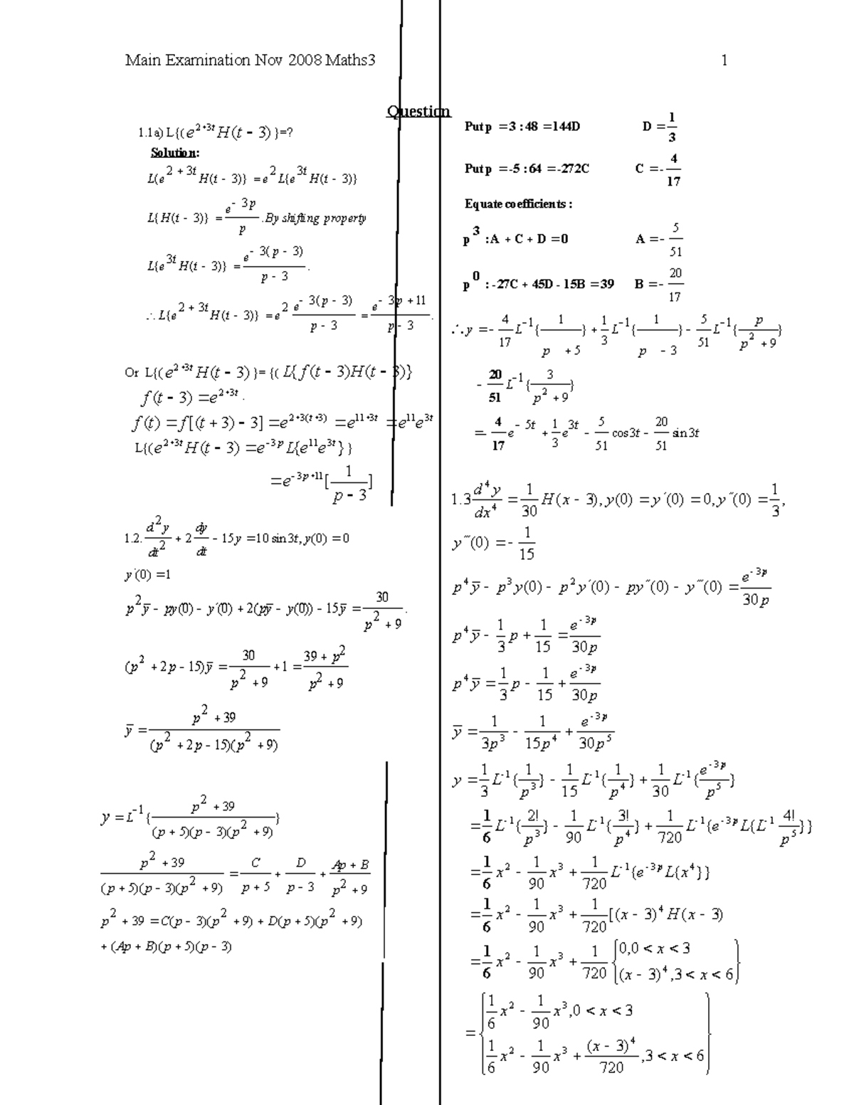 0802 Maths 3 Mainmemo - Linear functions - Question 1. L{( ( 3 ) 2 3 e Ht t }=? Solution: . 3 3 ...