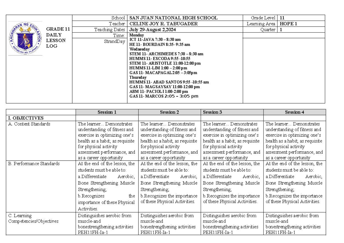 HOPE 1-WEEK 1- Quarter 1 - Aerobics- edited - GRADE 11 DAILY LESSON LOG ...