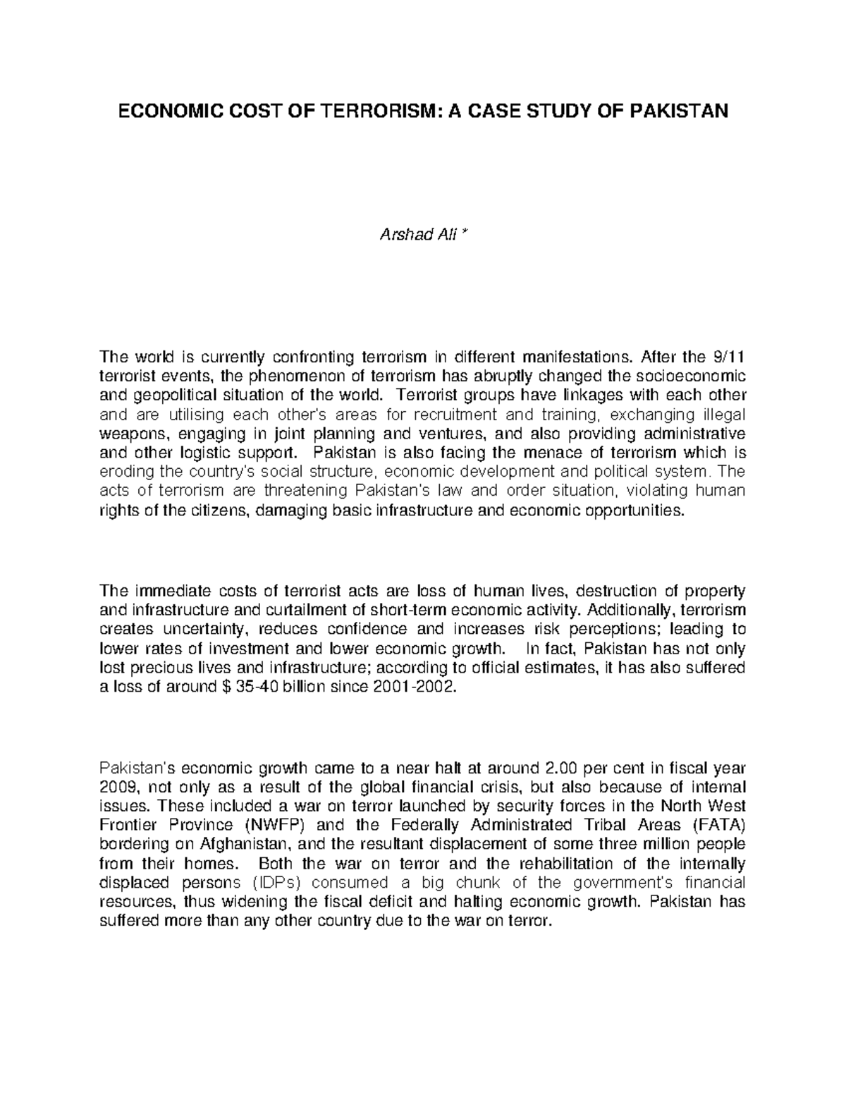 Economic COST OF Terrorism A CASE Study OF Pakistan - ECONOMIC COST OF ...