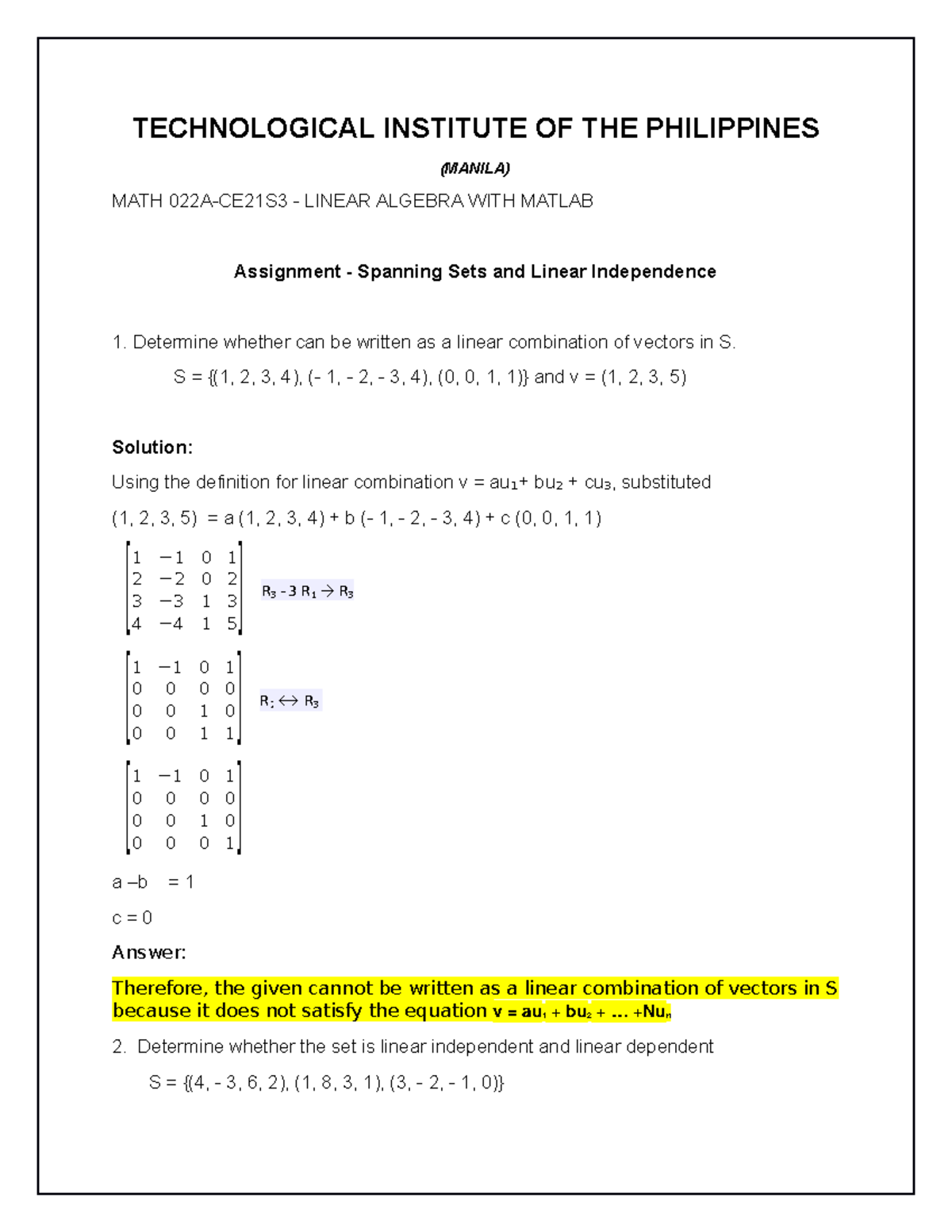 Spanning Sets and Linear Independence - Linear Algebra With Matlab - TIP - Studocu