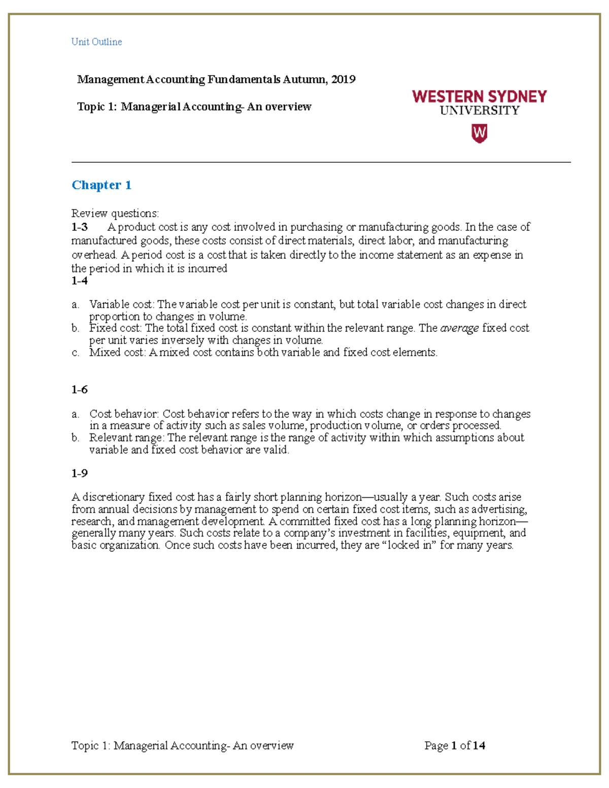Topic 1 Managerial Accounting and Cost Concepts - Unit Outline ...