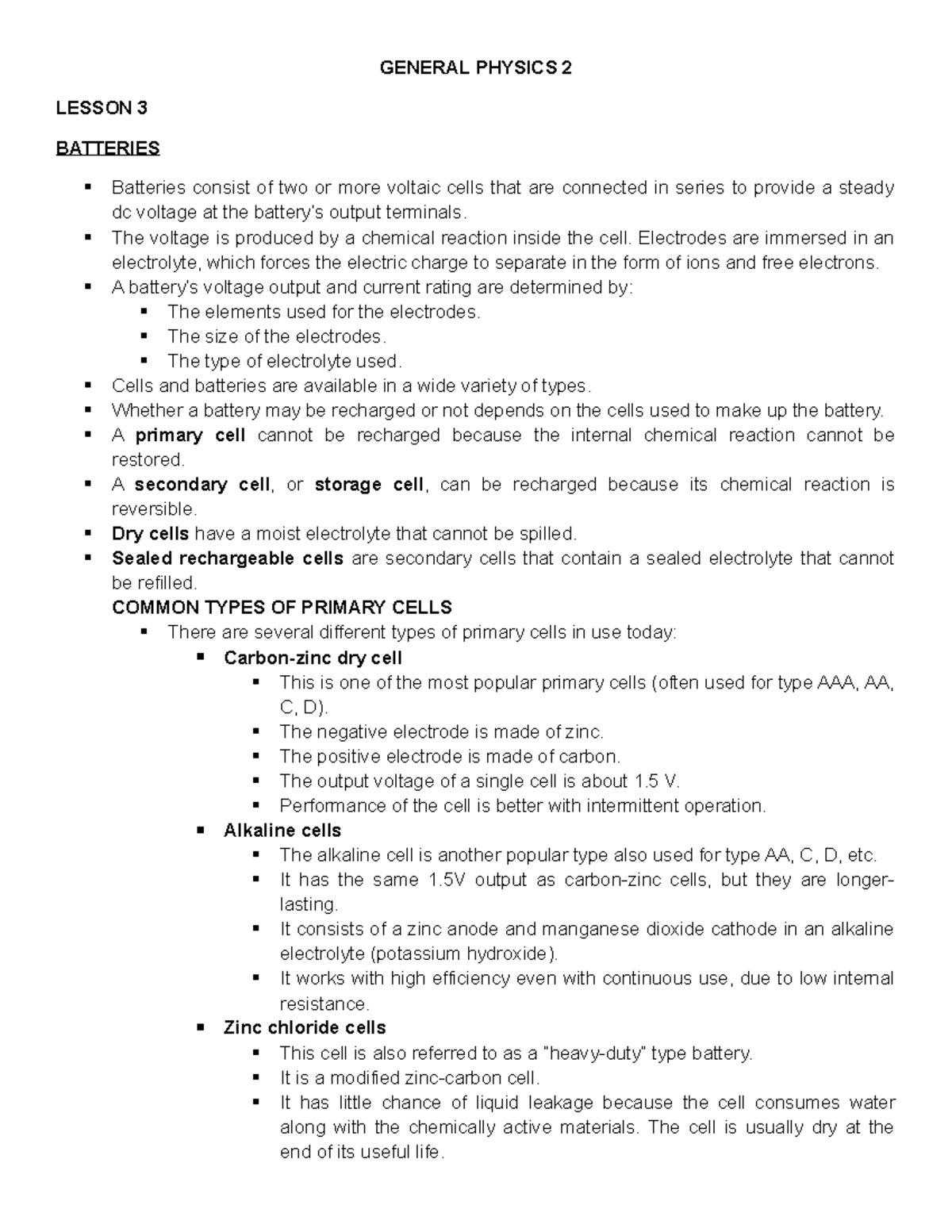 General Physics 2 - GENERAL PHYSICS 2 LESSON 3 BATTERIES Batteries ...