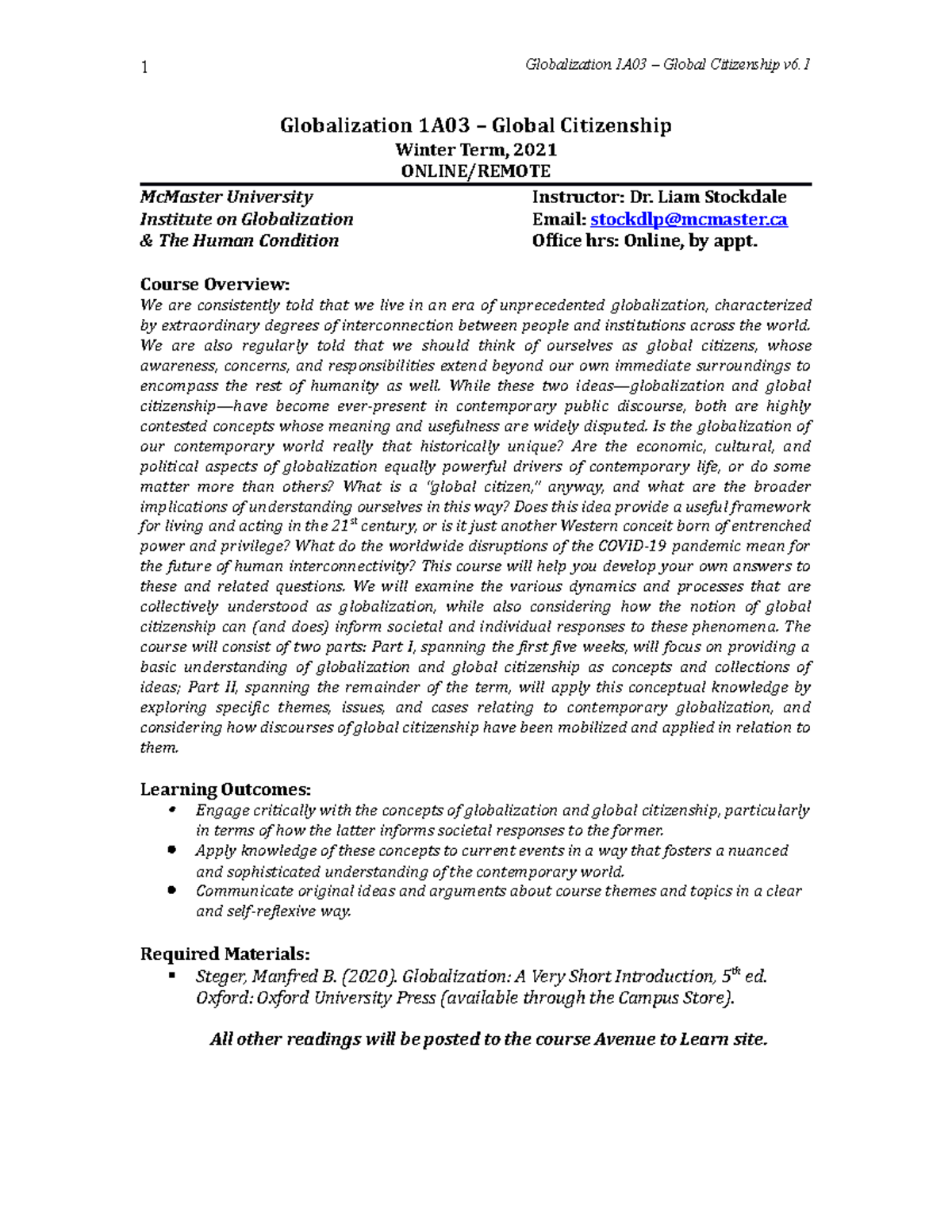 Globalzn 1A03 - Course Outline (Winter 2021) - Globalization 1A03 ...