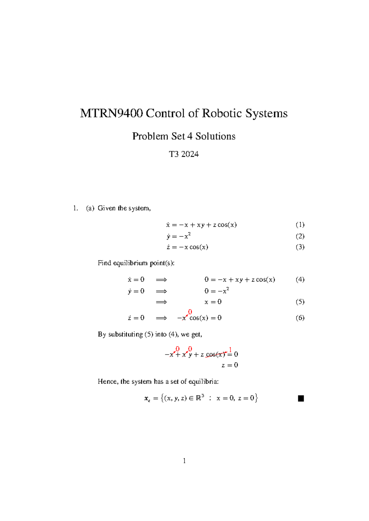MTRN9400 2024 Problem set 4 Solutions - MTRN9400 Control of Robotic Systems Problem Set 4 ...
