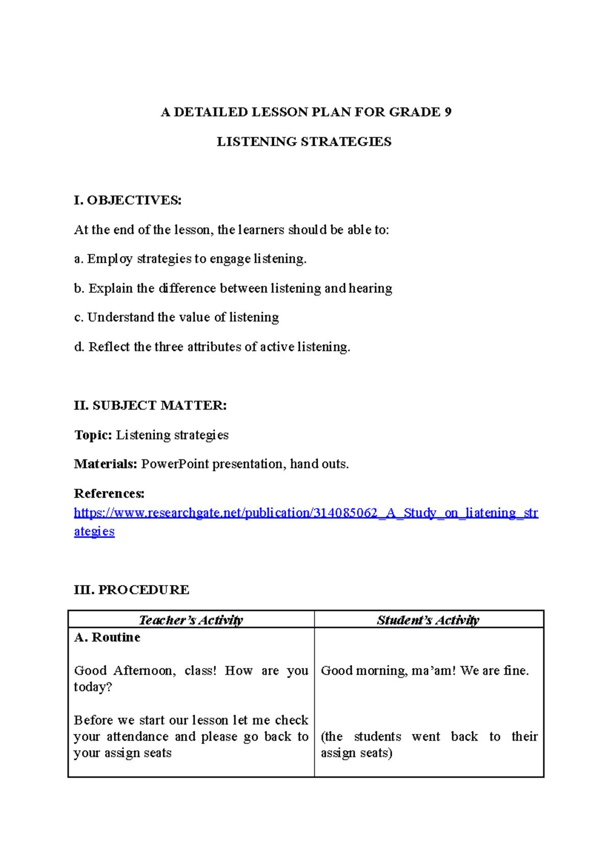 Artates Detailed Lesson PLAN FOR Grade 9 - A DETAILED LESSON PLAN FOR ...