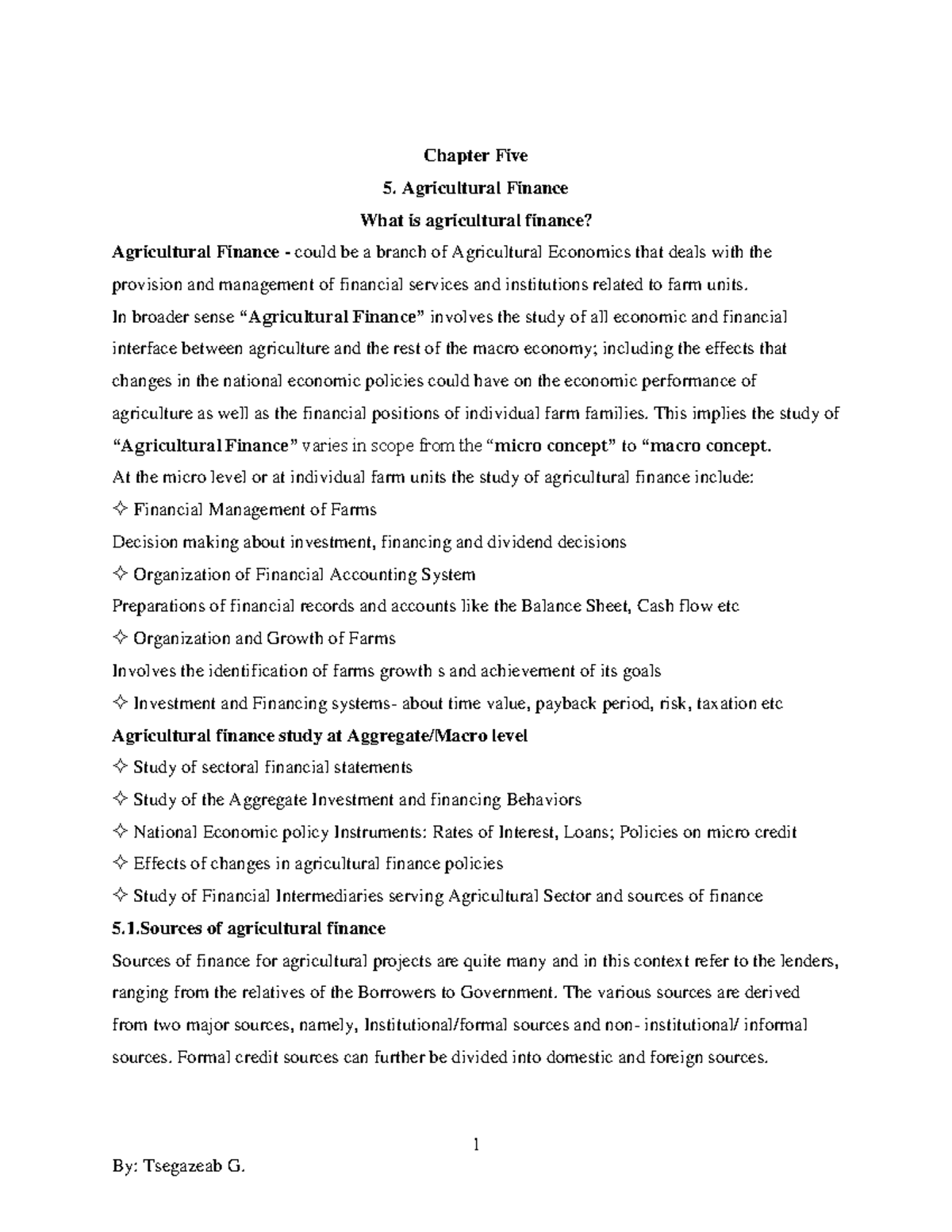 Chapter-5-Agricultural Finance - 1 Chapter Five 5. Agricultural Finance ...