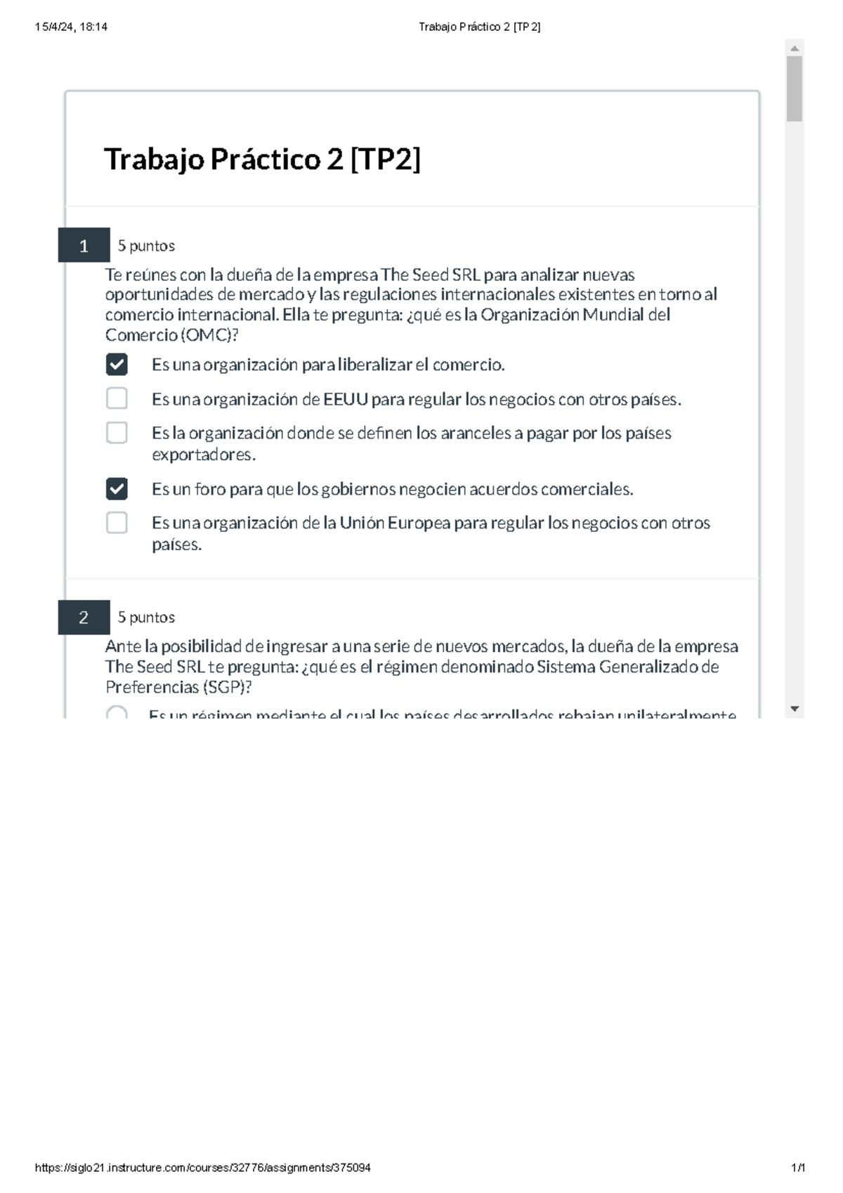 Trabajo Práctico 2 [TP2] INT Comercio Exterior - 15/4/24, 18:14 Trabajo Práctico 2 [TP2] - Studocu