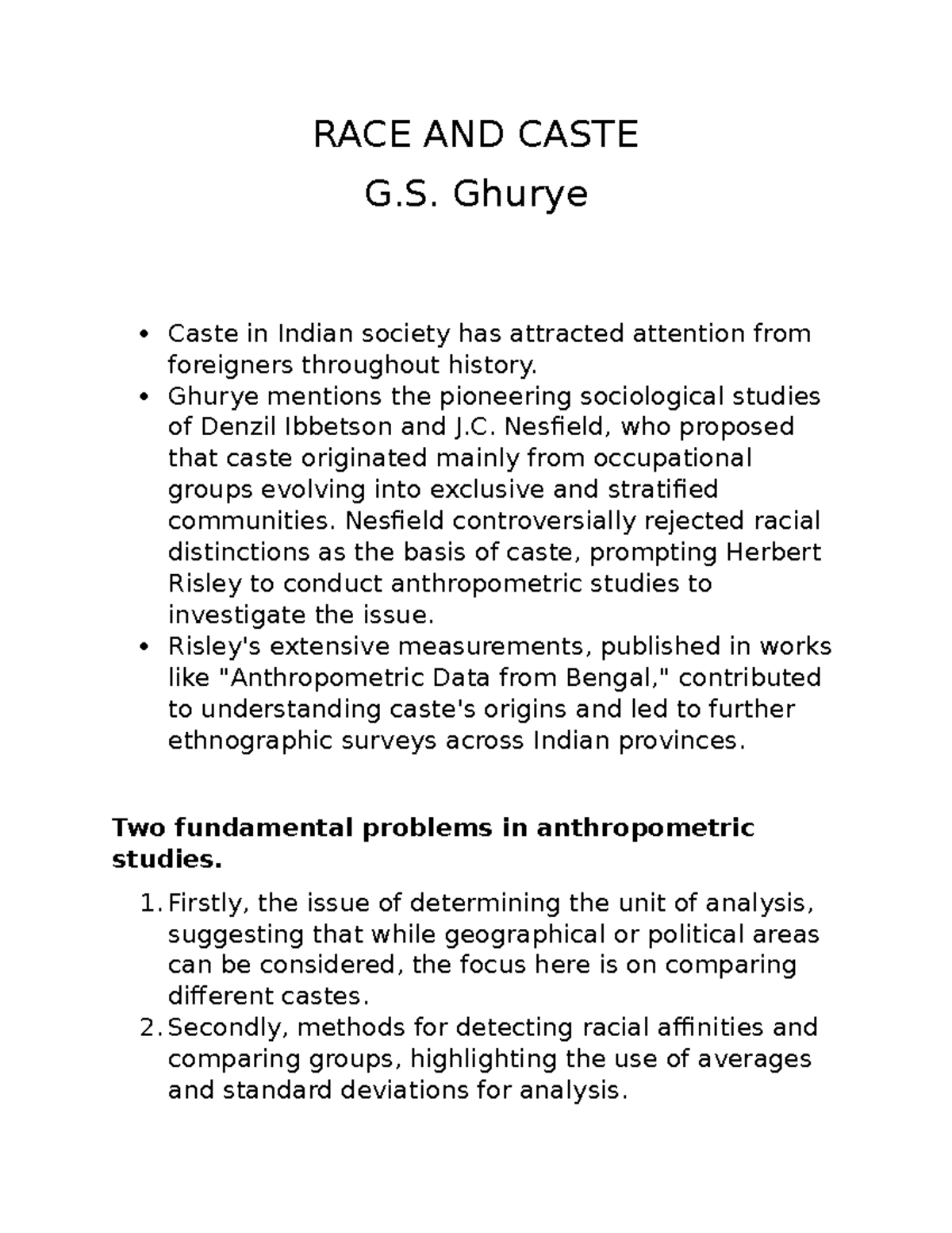 RACE AND Caste - notes - RACE AND CASTE G. Ghurye Caste in Indian ...
