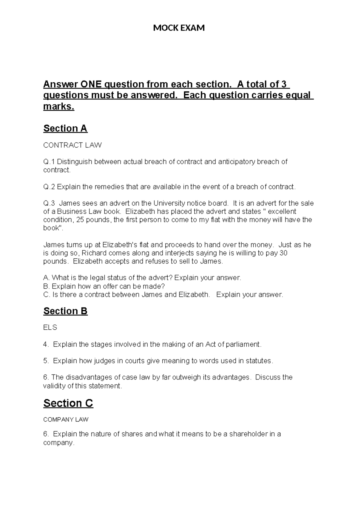 Commercial law mock exam (1) - MOCK EXAM Answer ONE question from each ...