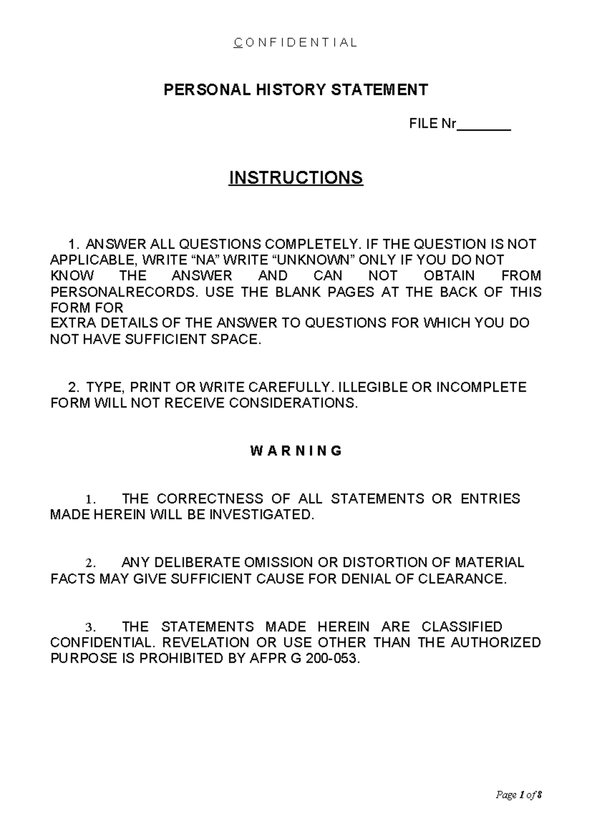 Personal History Statement - PERSONAL HISTORY STATEMENT FILE Nr ...