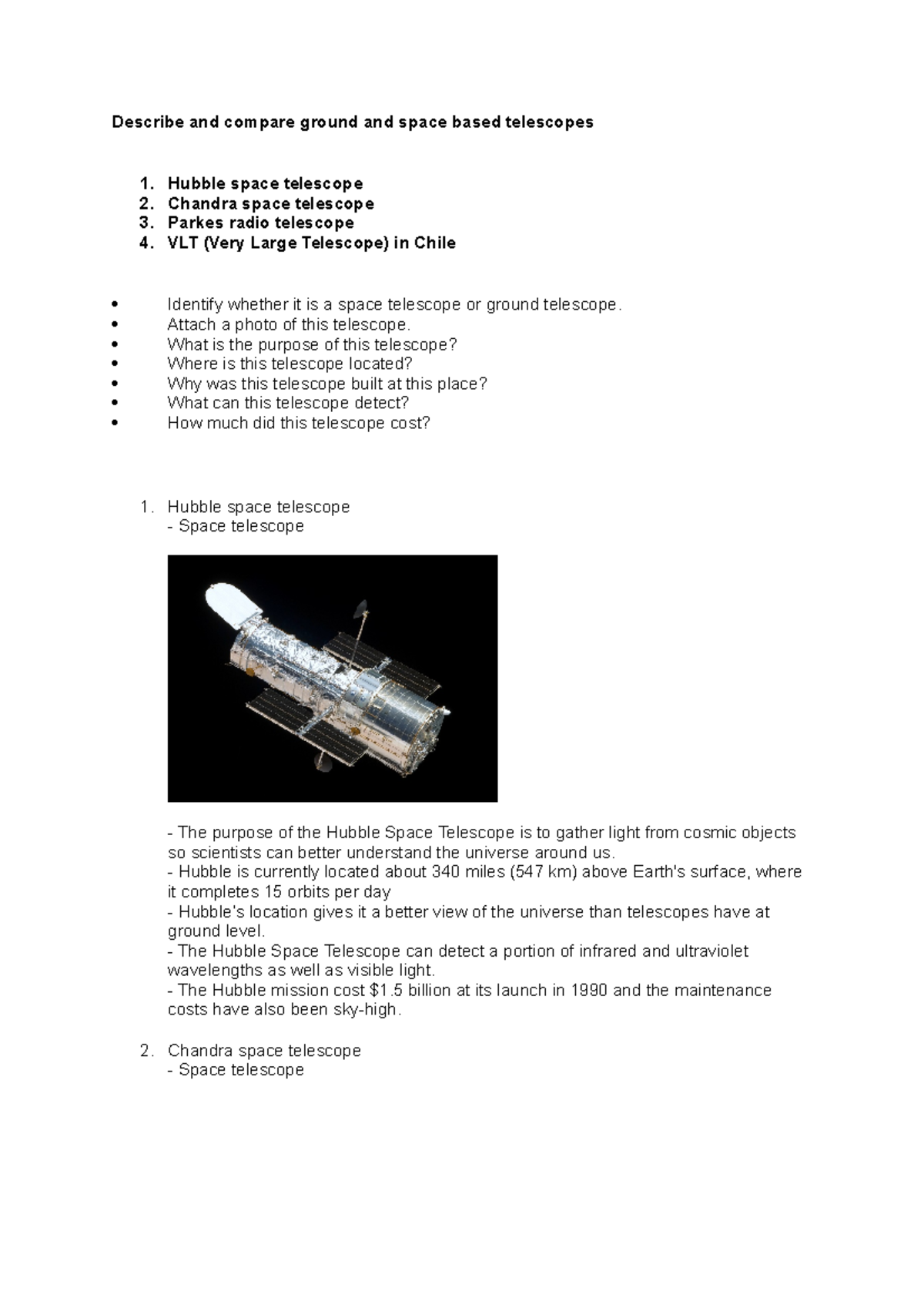 Telescope Research for year 10 - Describe and compare ground and space ...