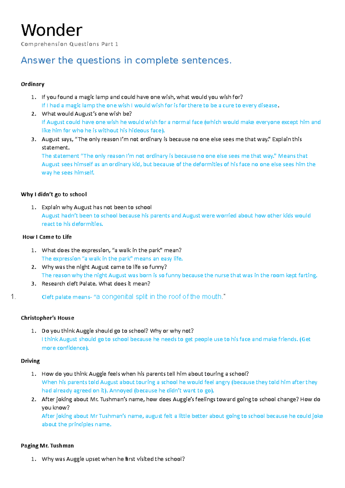 KEE0009 - dcdwvfswvsfwdwwgvw - Wonder Comprehension Questions Part 1 ...