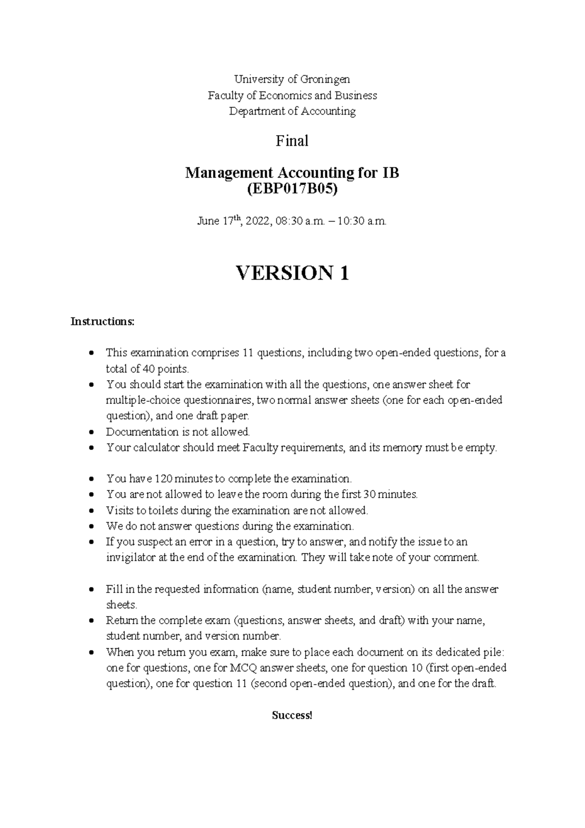 MAIB EXAM 2 - Nothing - University of Groningen Faculty of Economics ...