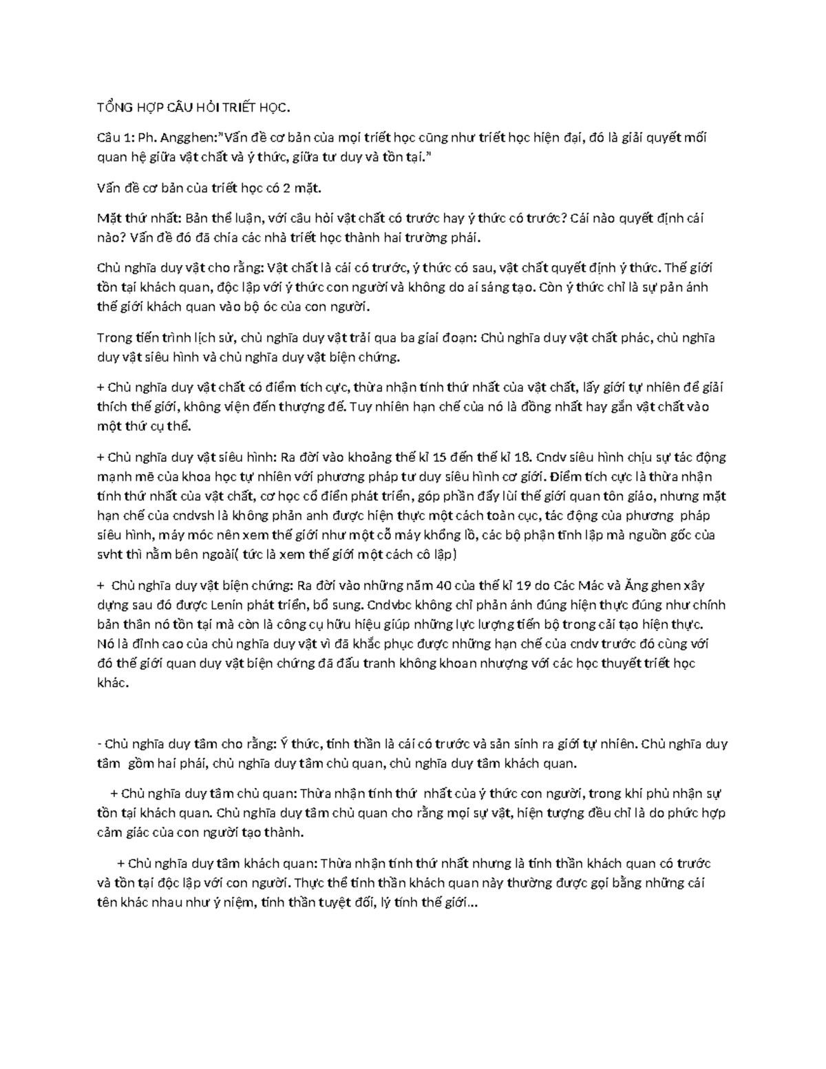 TỔNG-HỢP-CÂU-HỎI-TRIẾT-HỌC-1-1 - TỔNG HỢP CÂU HỎI TRIẾT HỌC. Câu 1: Ph ...