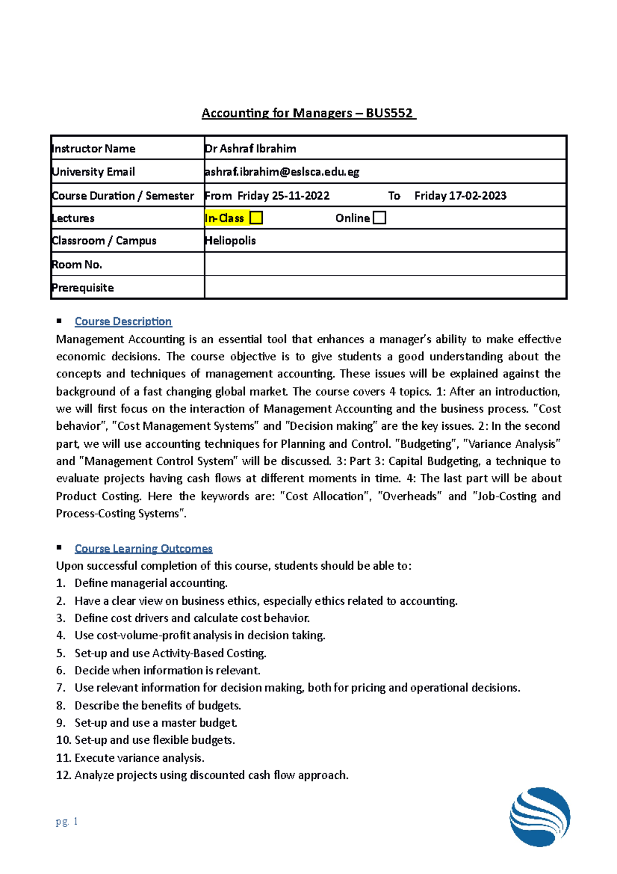 Accounting Course Outline - Accounting for Managers – BUS Instructor ...