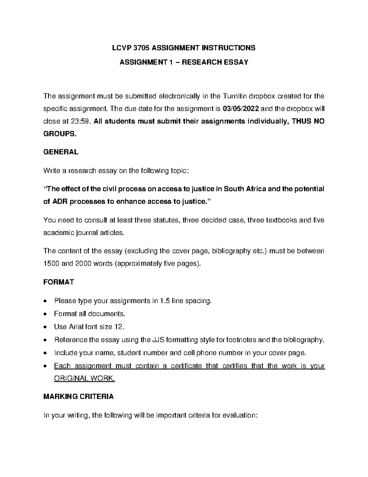 LCVP 3705 Assignment 1 Instructions - LCVP 3705 ASSIGNMENT INSTRUCTIONS ...