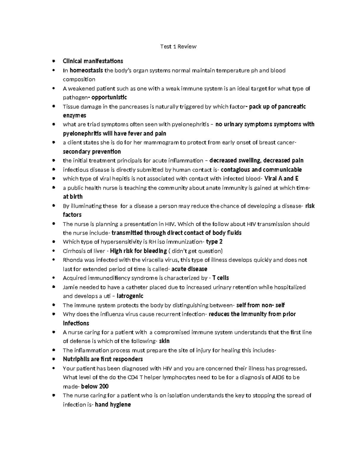 Test 1 Review Med surg1 - Test 1 Review Clinical manifestations In ...