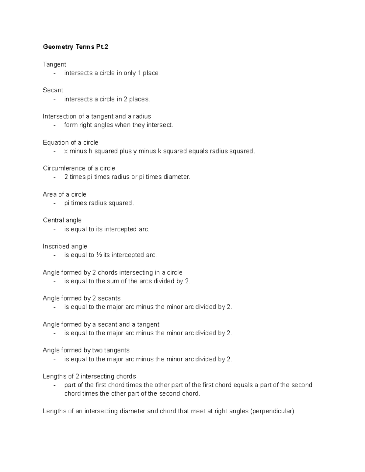 Geometry Terms Notes - Geometry Terms Pt. Tangent - intersects a circle ...