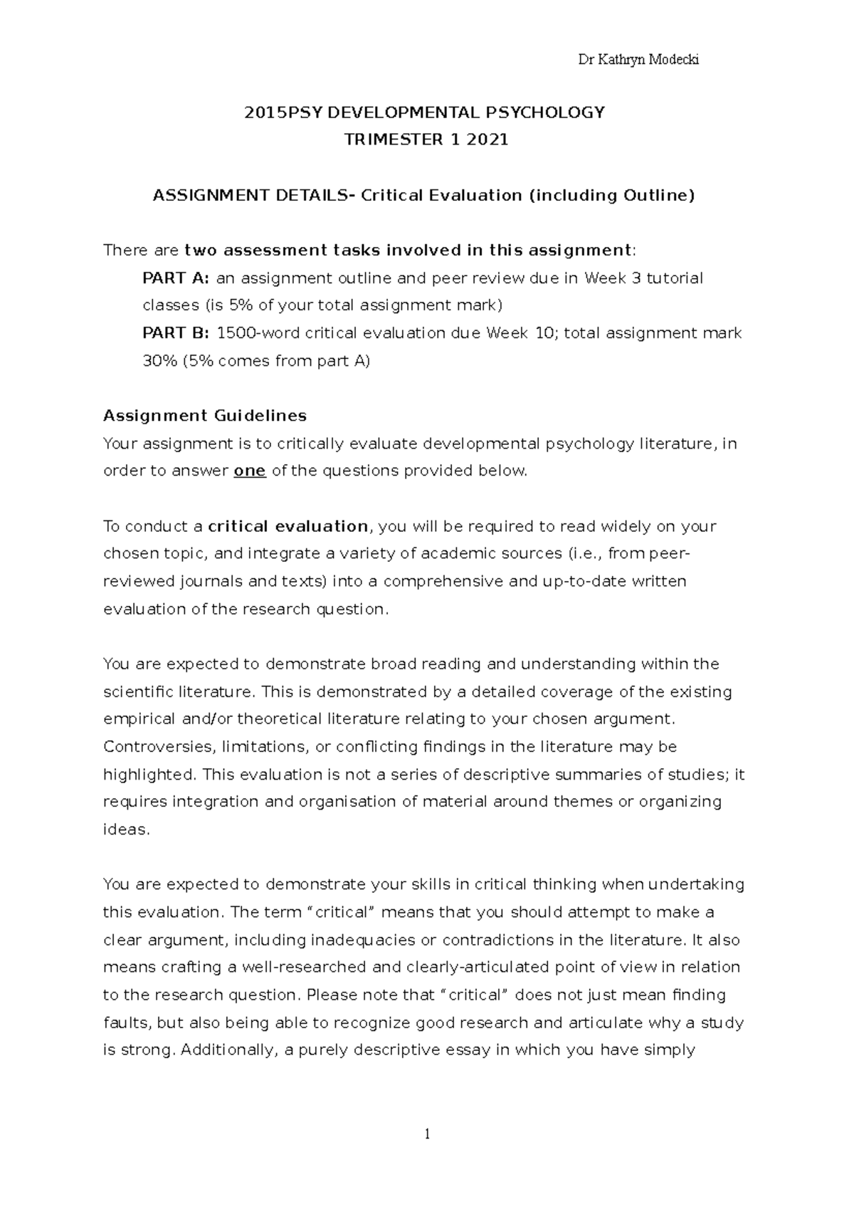 2015 PSY Assignment Details & Marking Criteria 2021 - 2015PSY ...