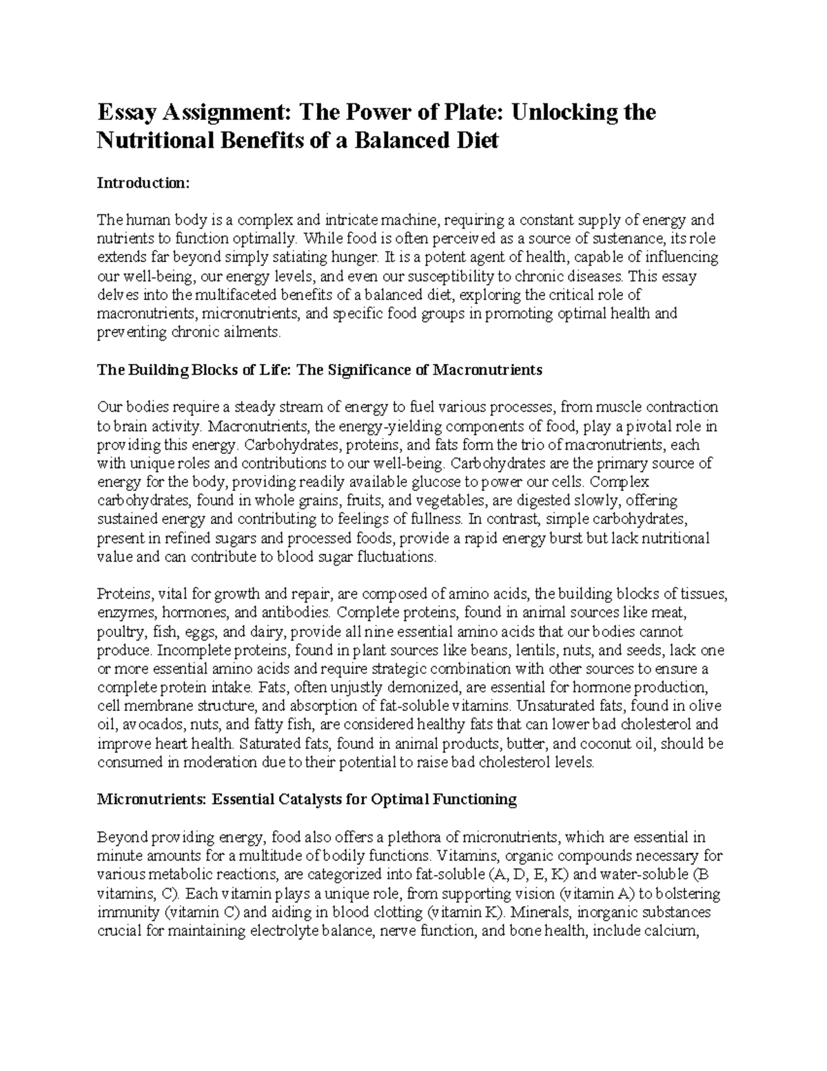 Essay Assignment Nutritional Benefits - Essay Assignment: The Power of ...