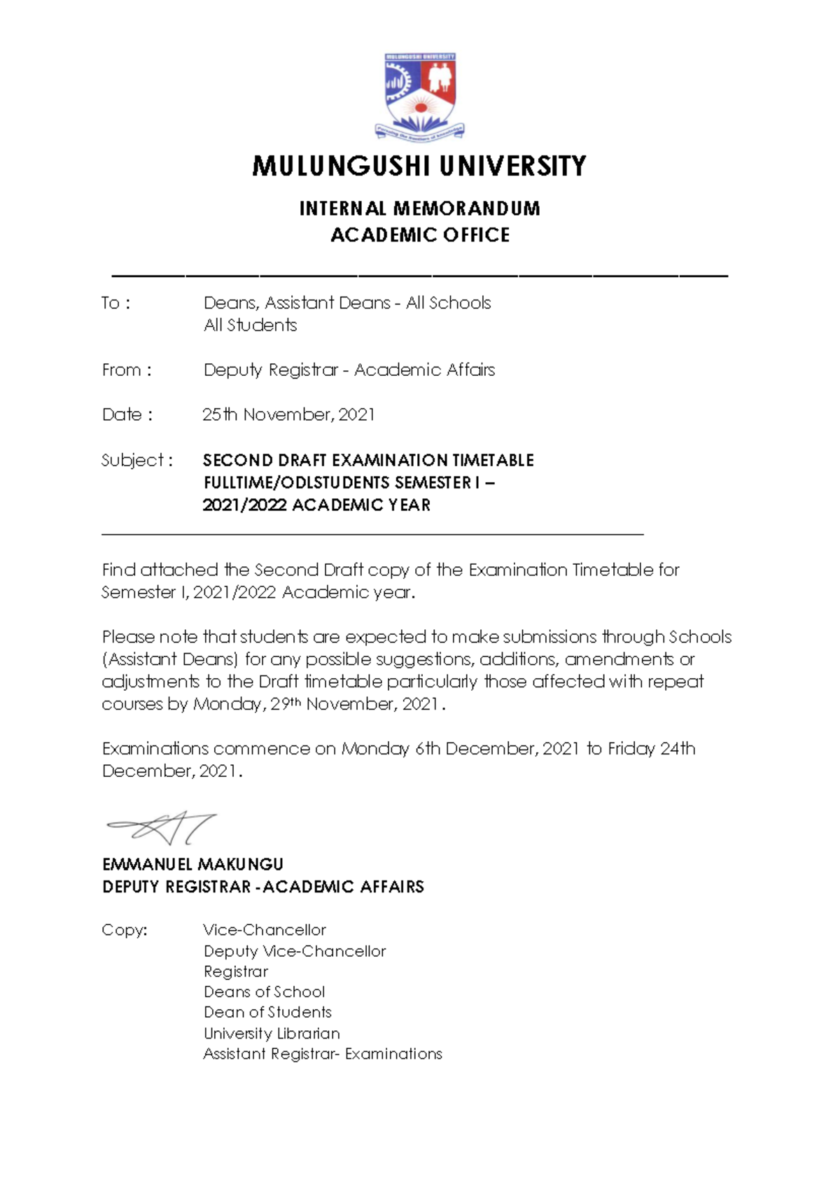Second Draft December 2021 Examination Timetable - MULUNGUSHI ...