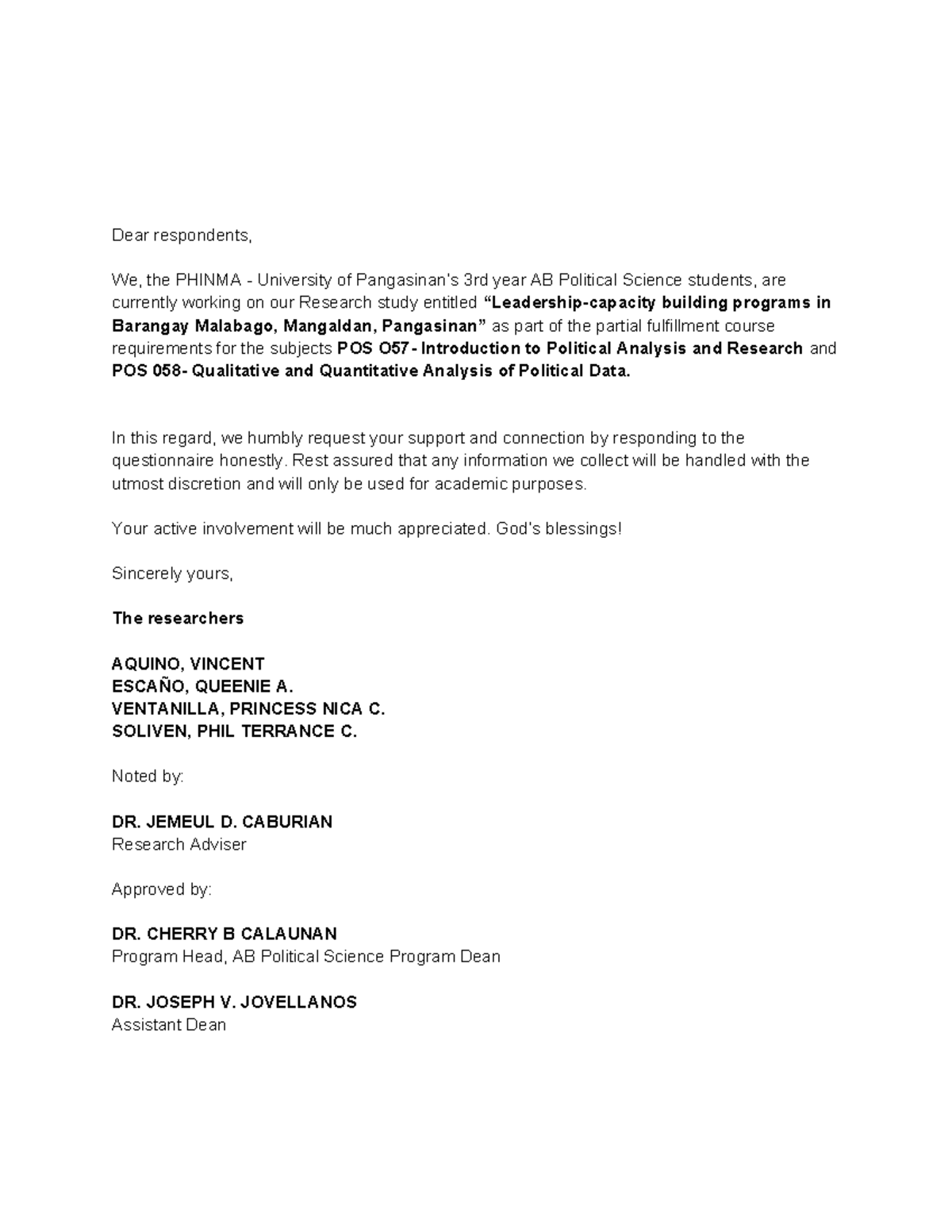 Letter to the respondents - Dear respondents, We, the PHINMA ...
