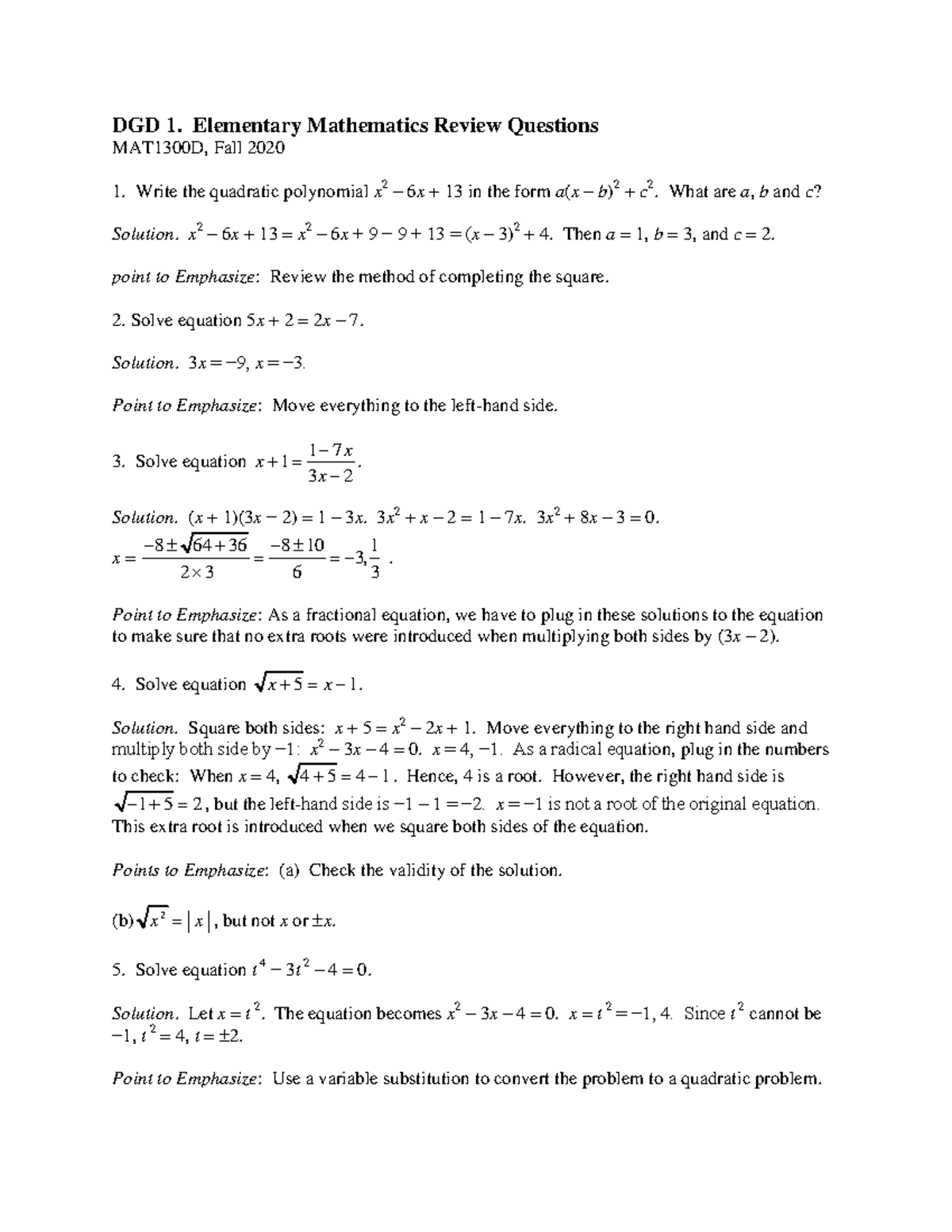 1300 DGD1F20 - DGD Notes - DGD 1. Elementary Mathematics Review ...