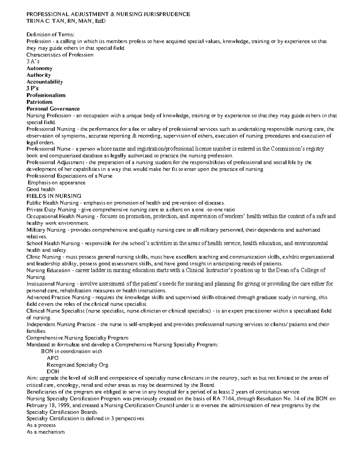 PALM-notes - PROFESSIONAL ADJUSTMENT & NURSING JURISPRUDENCE TRINA C ...
