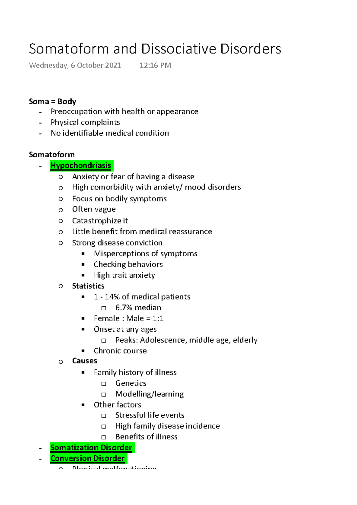 Somatoform and Dissociative Disorders - Soma = Body - Preoccupation ...