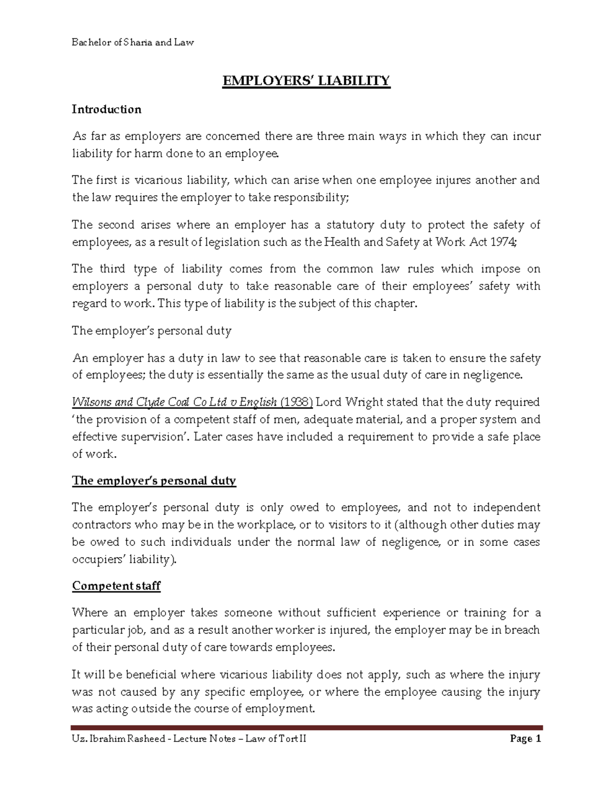 15. Employers Liability - EMPLOYERS’ LIABILITY Introduction As far as ...