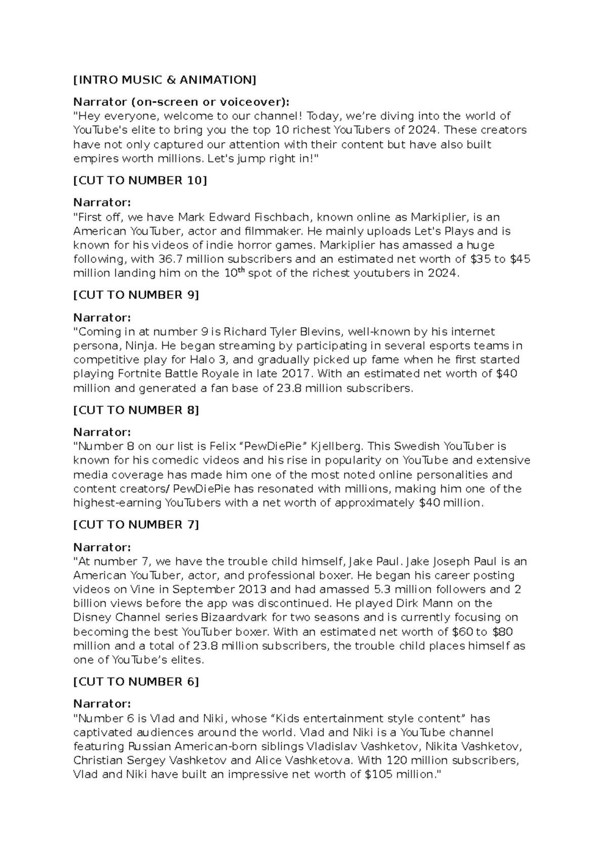 Youtuber Script - [INTRO MUSIC & ANIMATION] Narrator (on-screen or ...